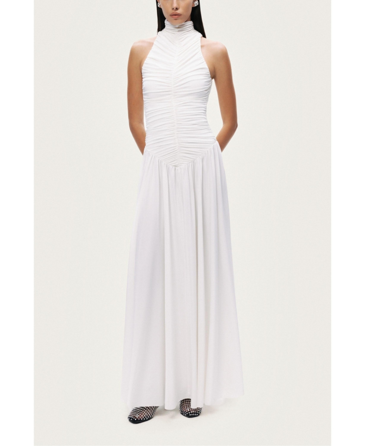 Click here for Nocturne Womens Ruched High-Neck Maxi Dress - Whit... prices