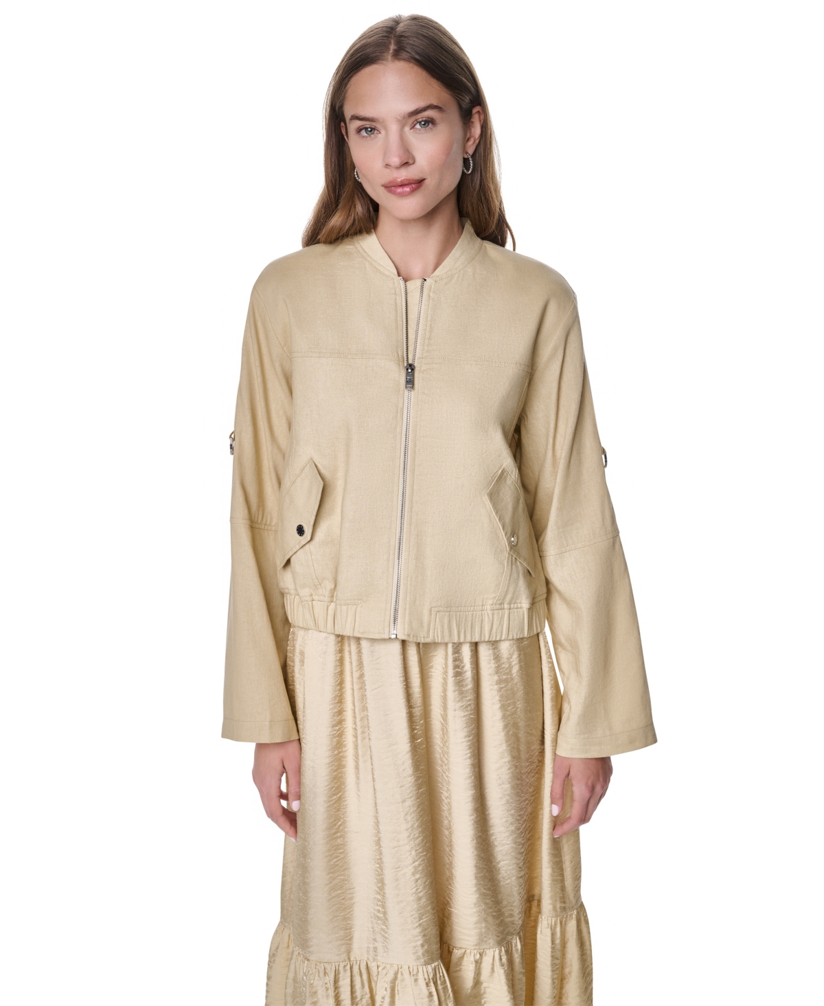 Click here for Dkny Womens Roll Tab Linen Bomber Jacket - Mojave... prices