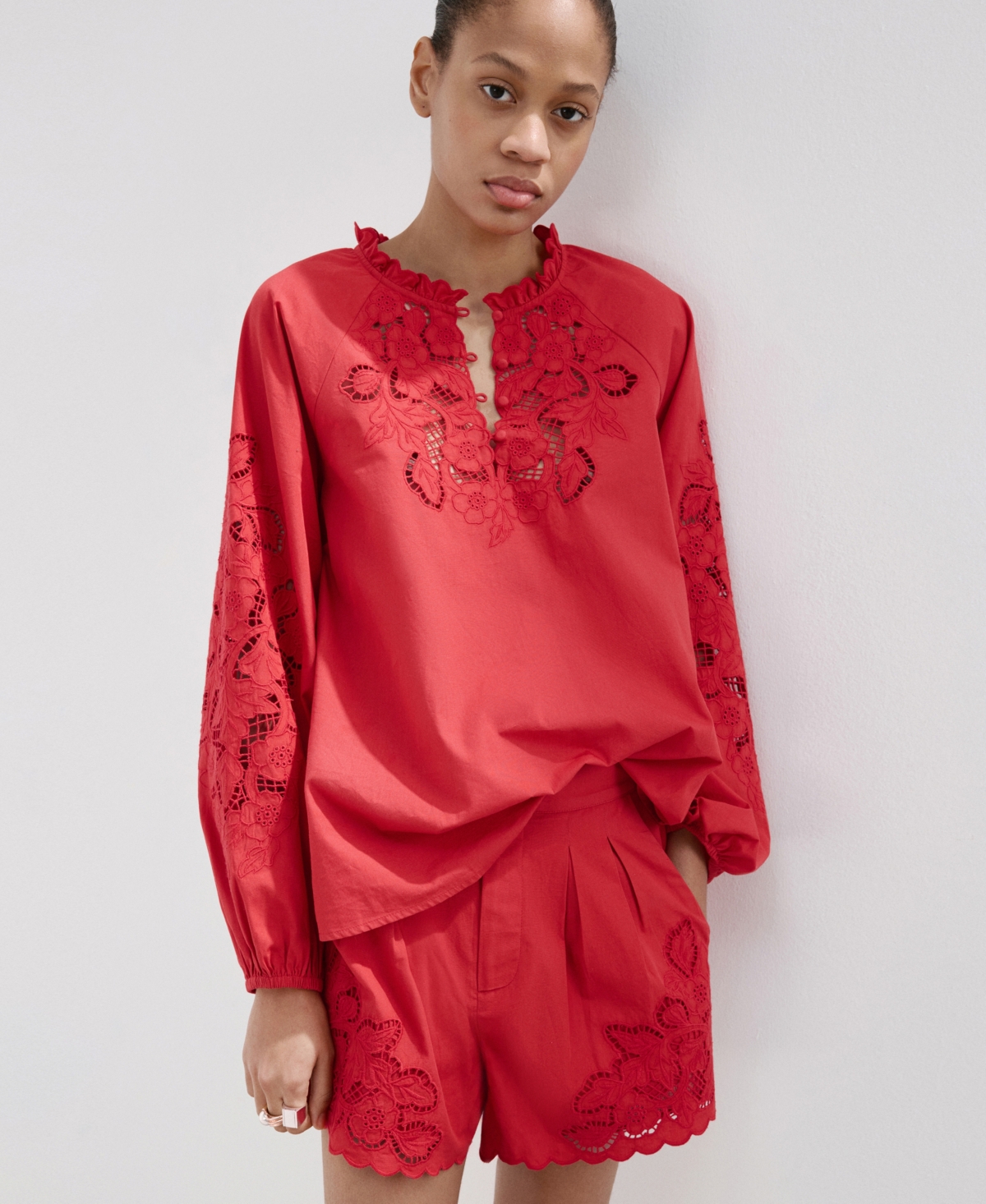 Click here for Mango Womens Lace Accents Embroidered Blouse - Red prices