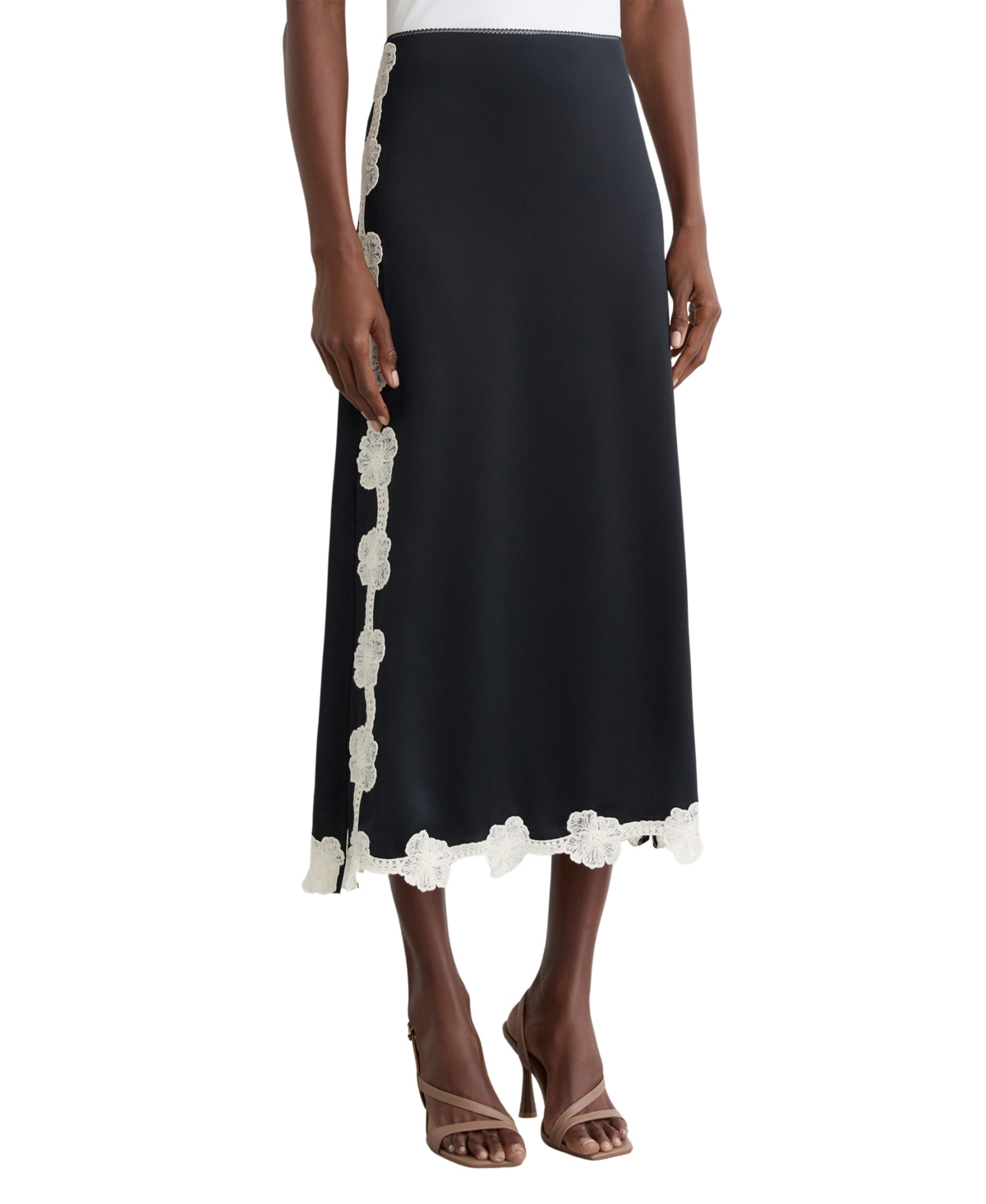 Click here for Reiss Womens Satin Floral-Lace Trim Midi Skirt - N... prices