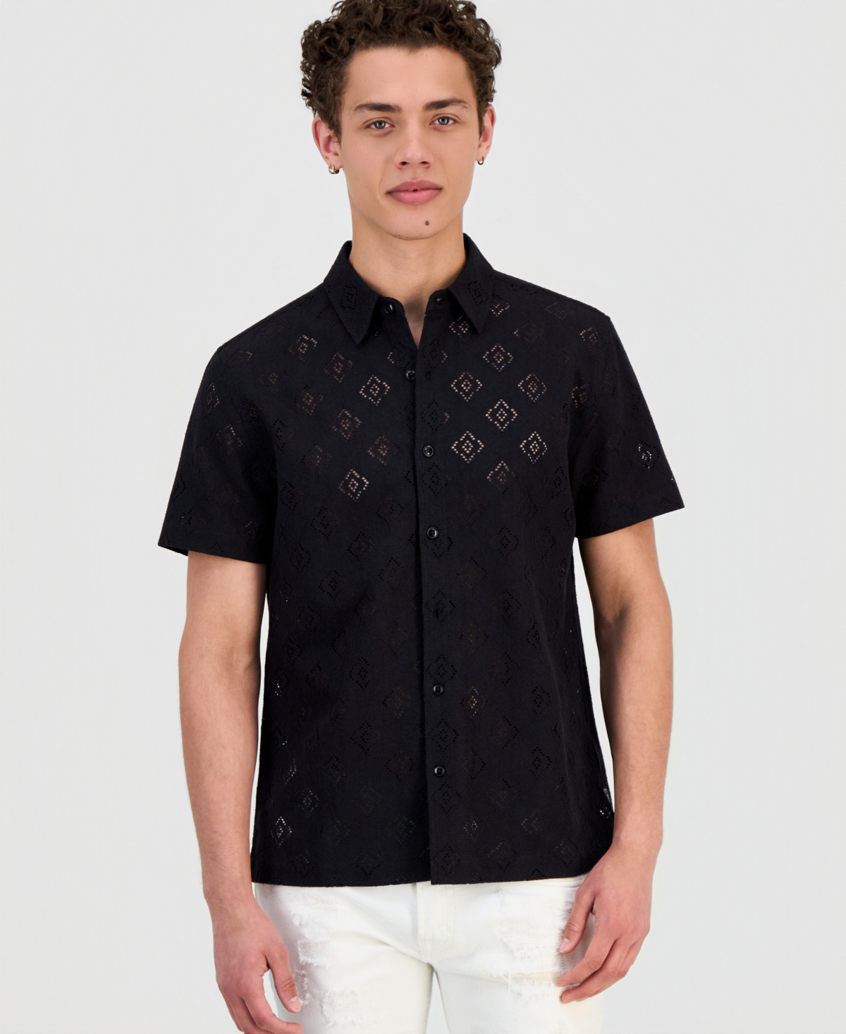 Click here for Guess Mens Geo Linework Jacquard Short-Sleeve Shir... prices