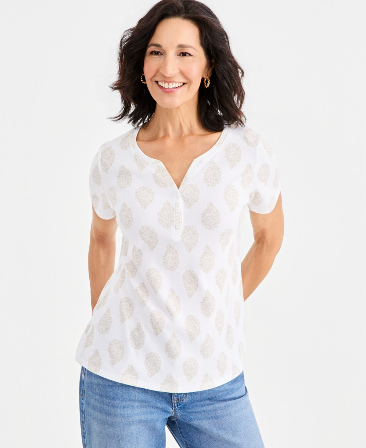 Click here for Style & Co Womens Printed Short-Sleeve Henley Top... prices