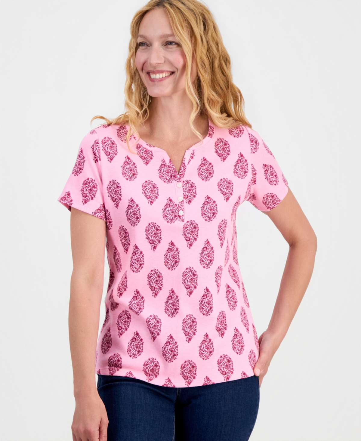 Click here for Style & Co Womens Printed Short-Sleeve Henley Top... prices
