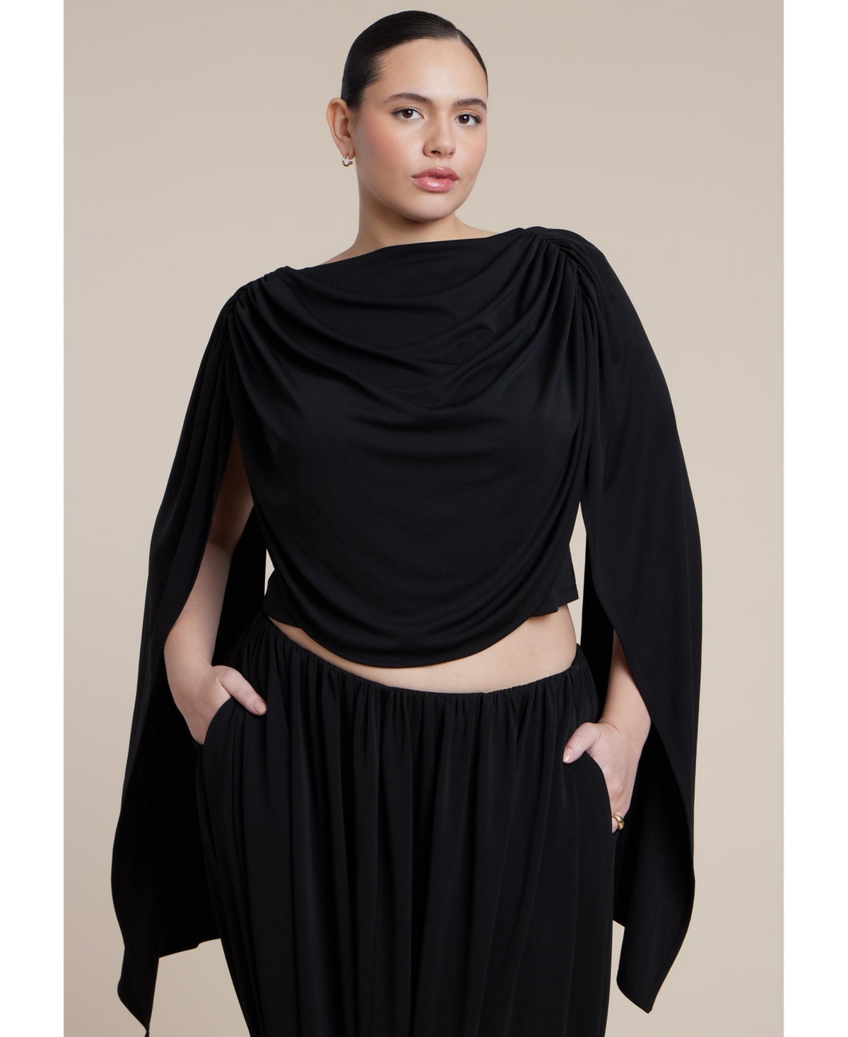 Click here for Eloquii Womens Draped Flounce Top - Black onyx prices