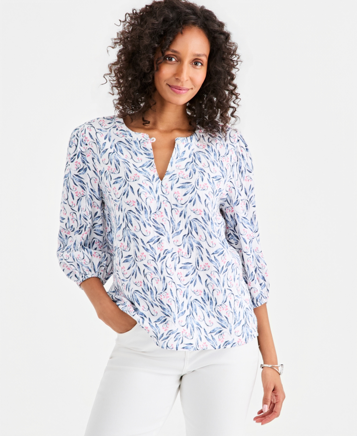 Click here for Style & Co Womens Printed Cotton Gauze 3/4-Sleeve... prices