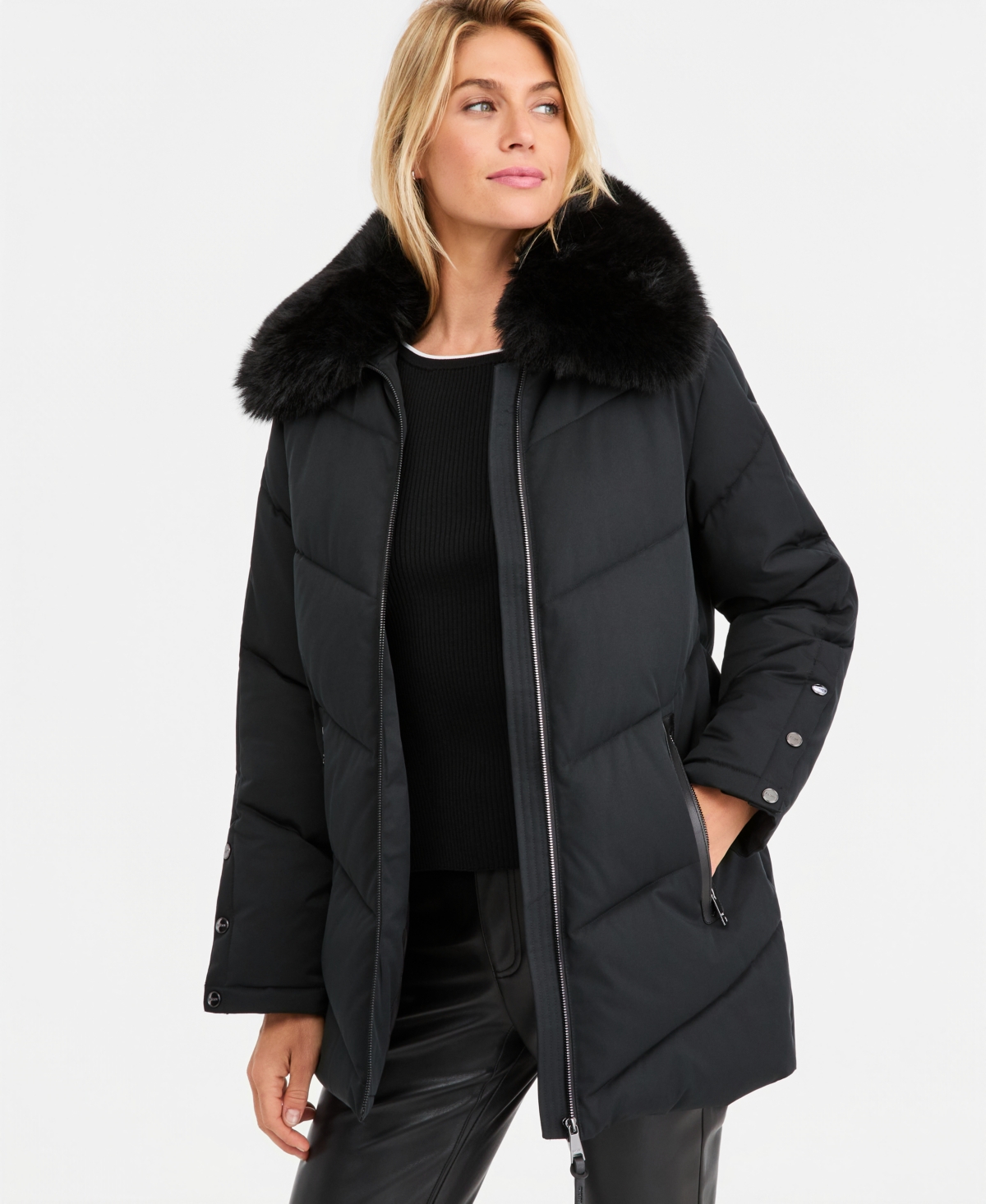 Click here for Dkny Womens Faux-Fur-Collar Puffer Coat - Black prices