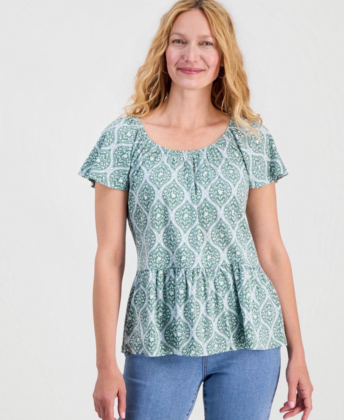Click here for Style & Co Womens Printed Peplum Scoop-Neck Top  M... prices