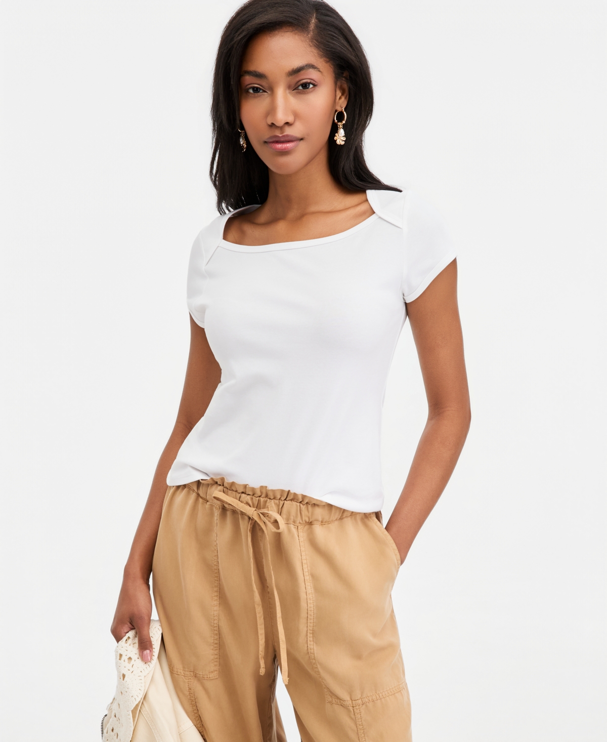 Click here for On 34th Womens Micro Rib Boatneck Cap Sleeve Top... prices
