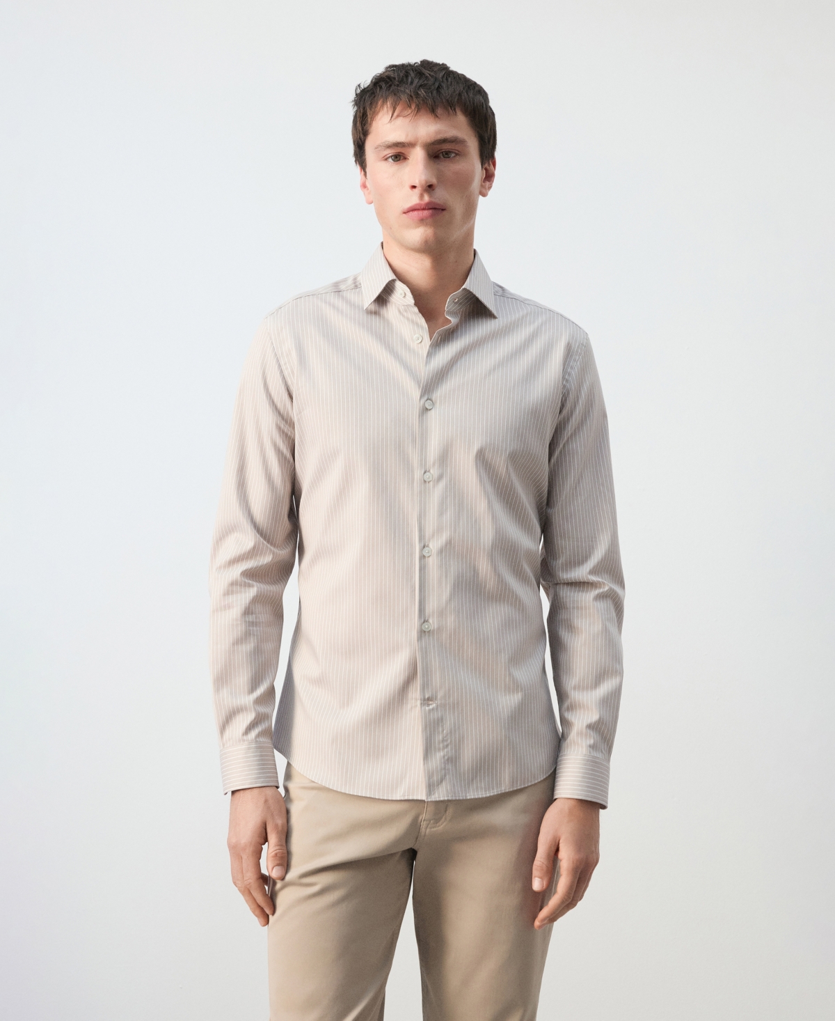 Click here for Mango Mens Slim Fit Striped Cotton Shirt - Sand prices