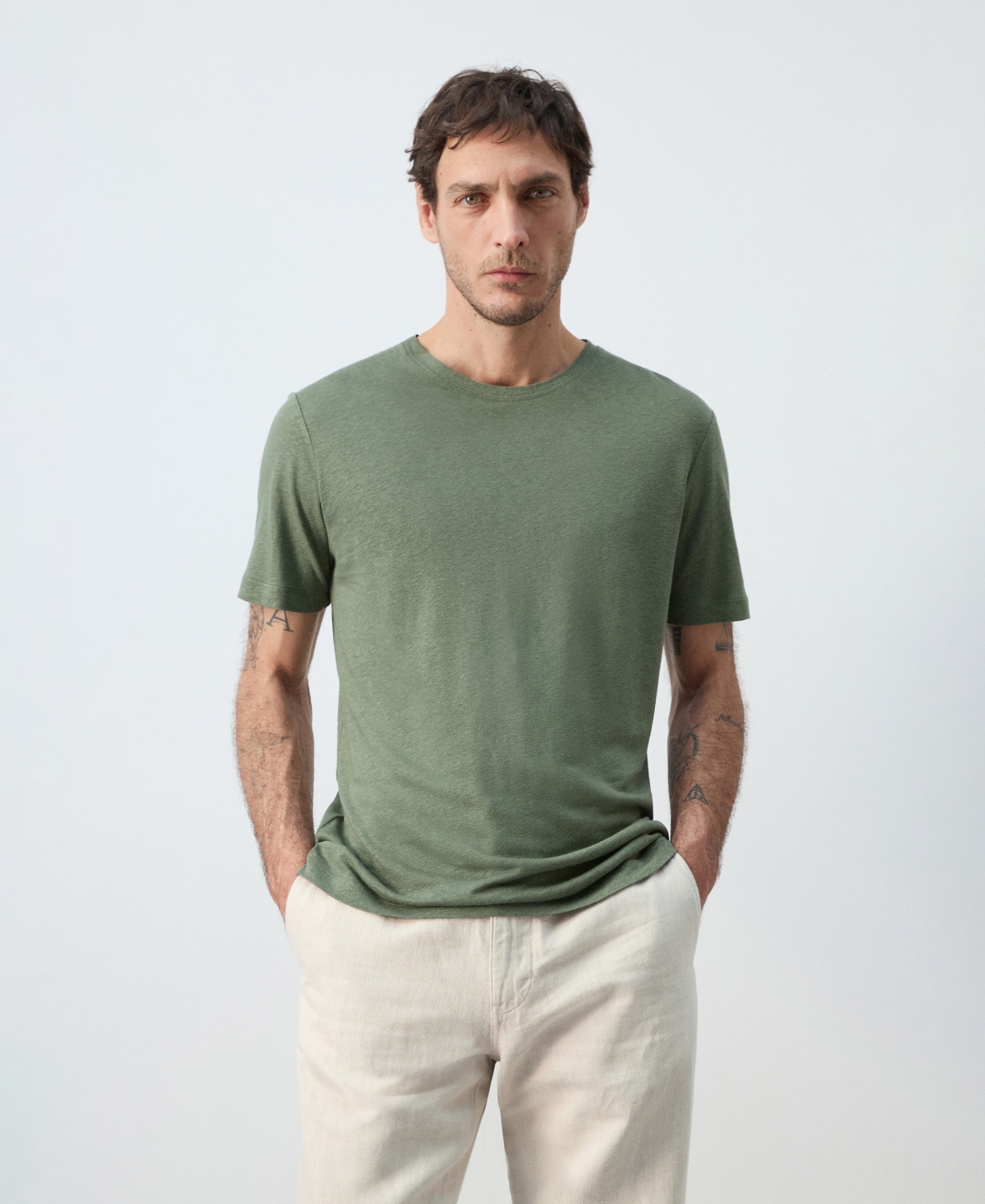 Click here for Mango Mens Linen Slim-Fit T-Shirt - Forest Green prices