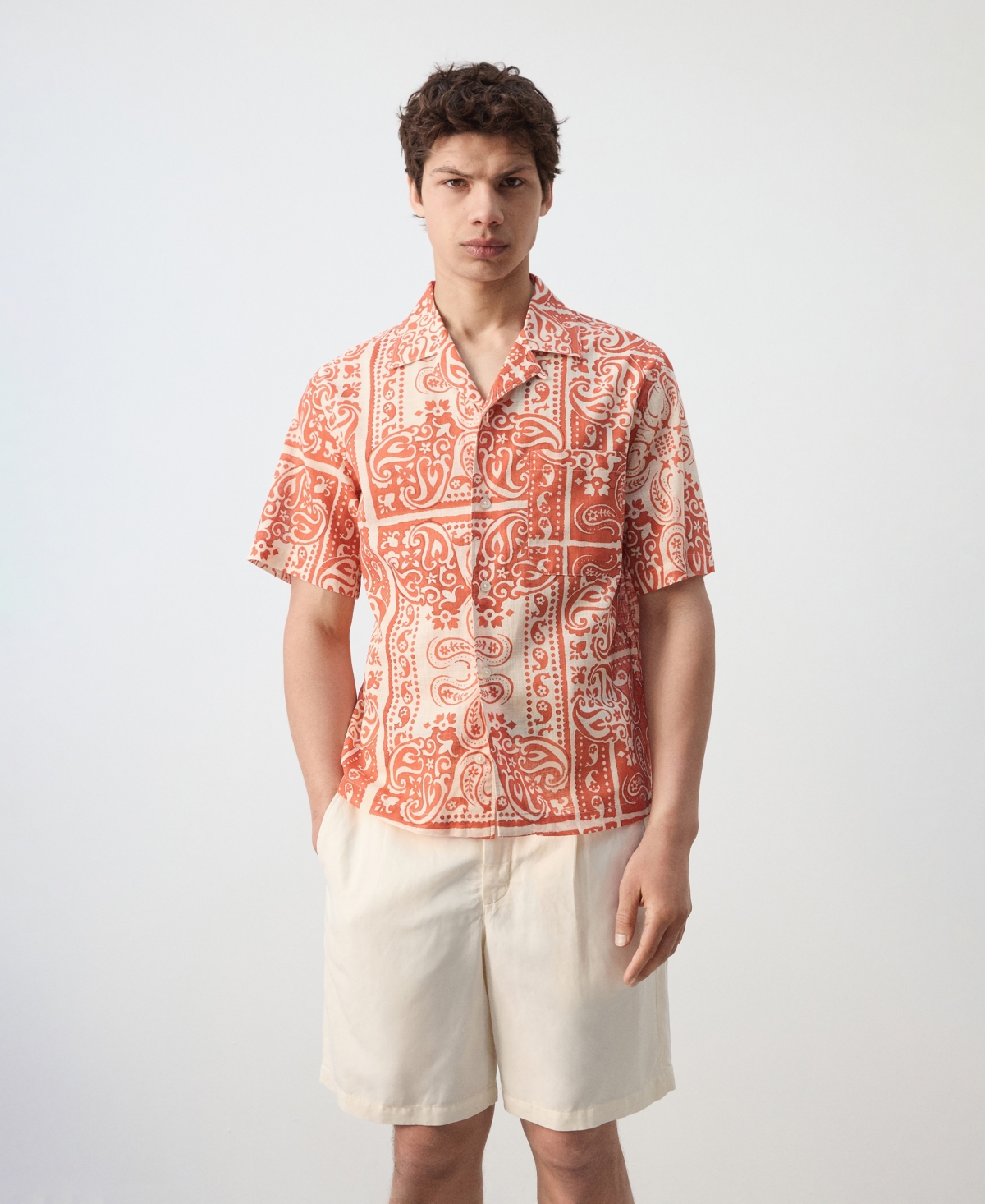 Click here for Mango Mens Printed Cotton Shirt - Salmon prices