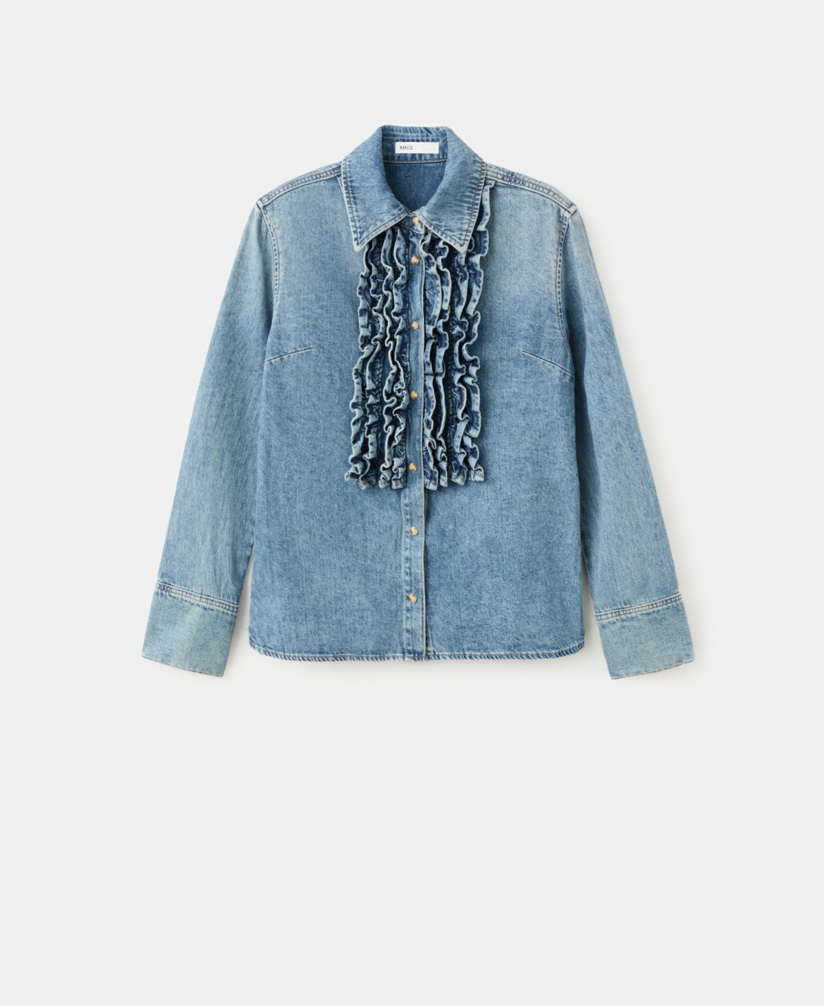 Click here for Mango Womens Ruffled Denim Shirt - Medium Blue prices