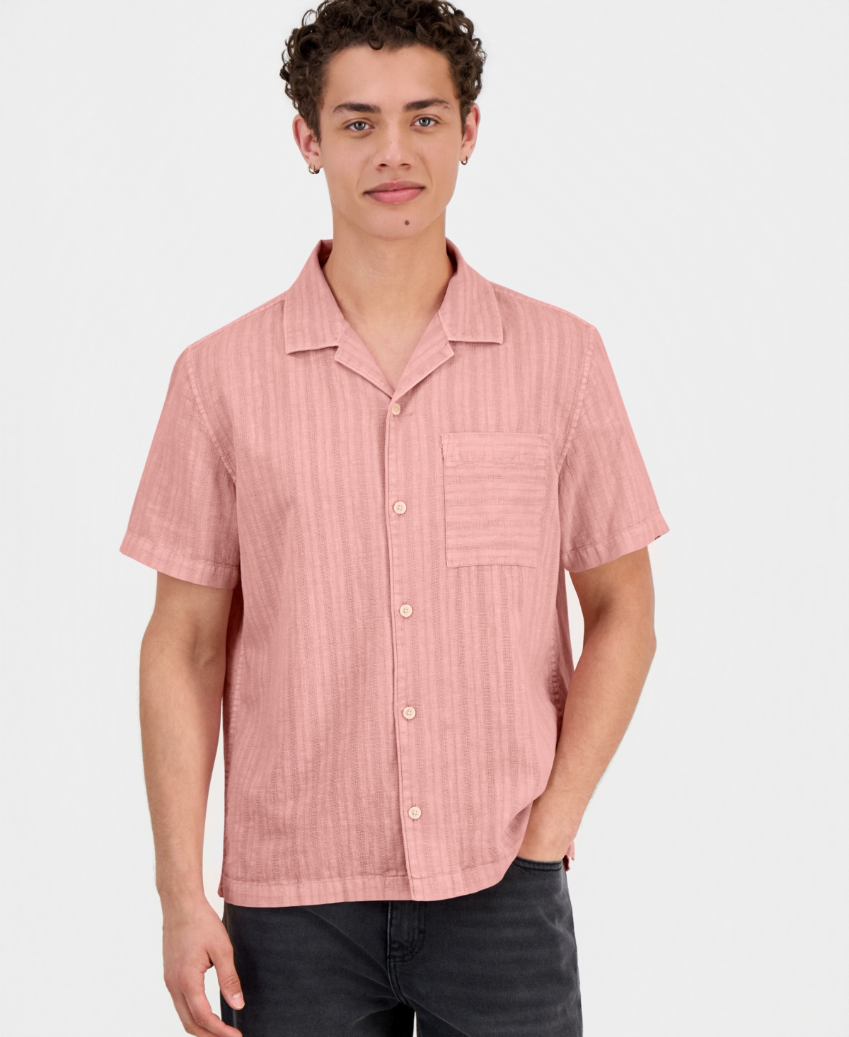 Click here for Sun + Stone Mens Linen Blend Tonal-Stripe Camp Shi... prices