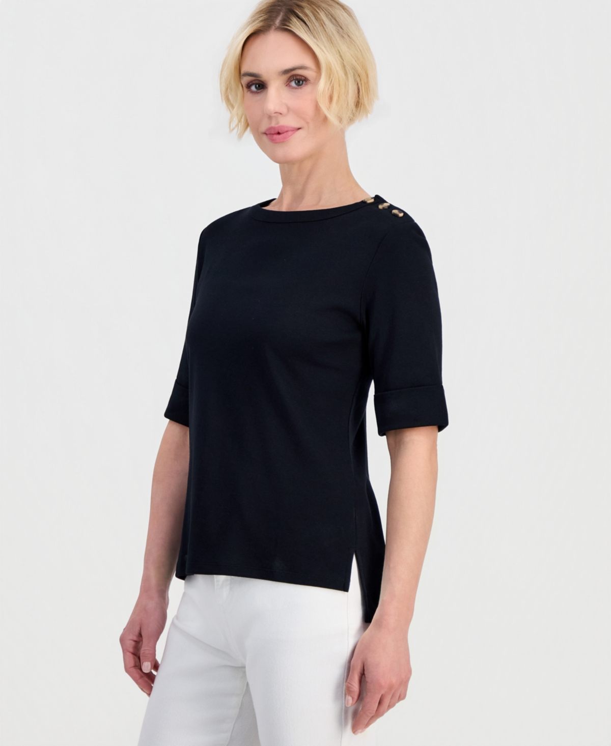 Click here for Style & Co Petite Cotton Asymmetric-Button Boat-Ne... prices