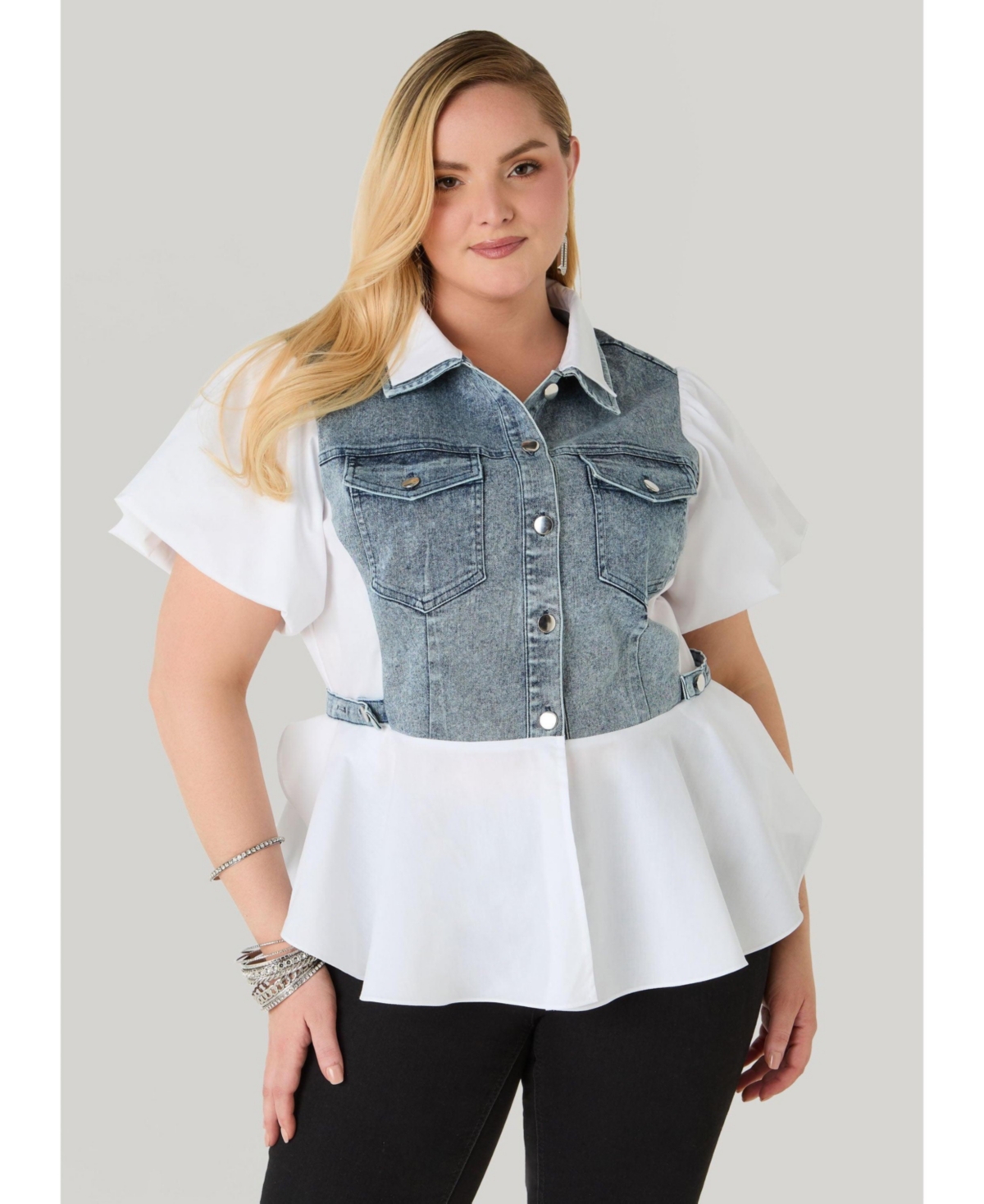 Click here for Ashley Stewart Plus Size Denim Paneled Peplum Wome... prices