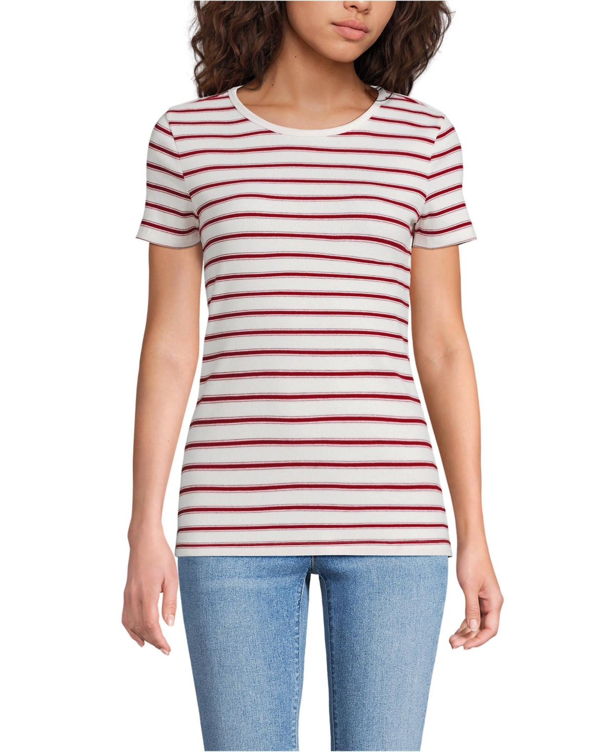 Click here for Lands End Womens Micro Rib T-Shirt - Ivory/cherry... prices