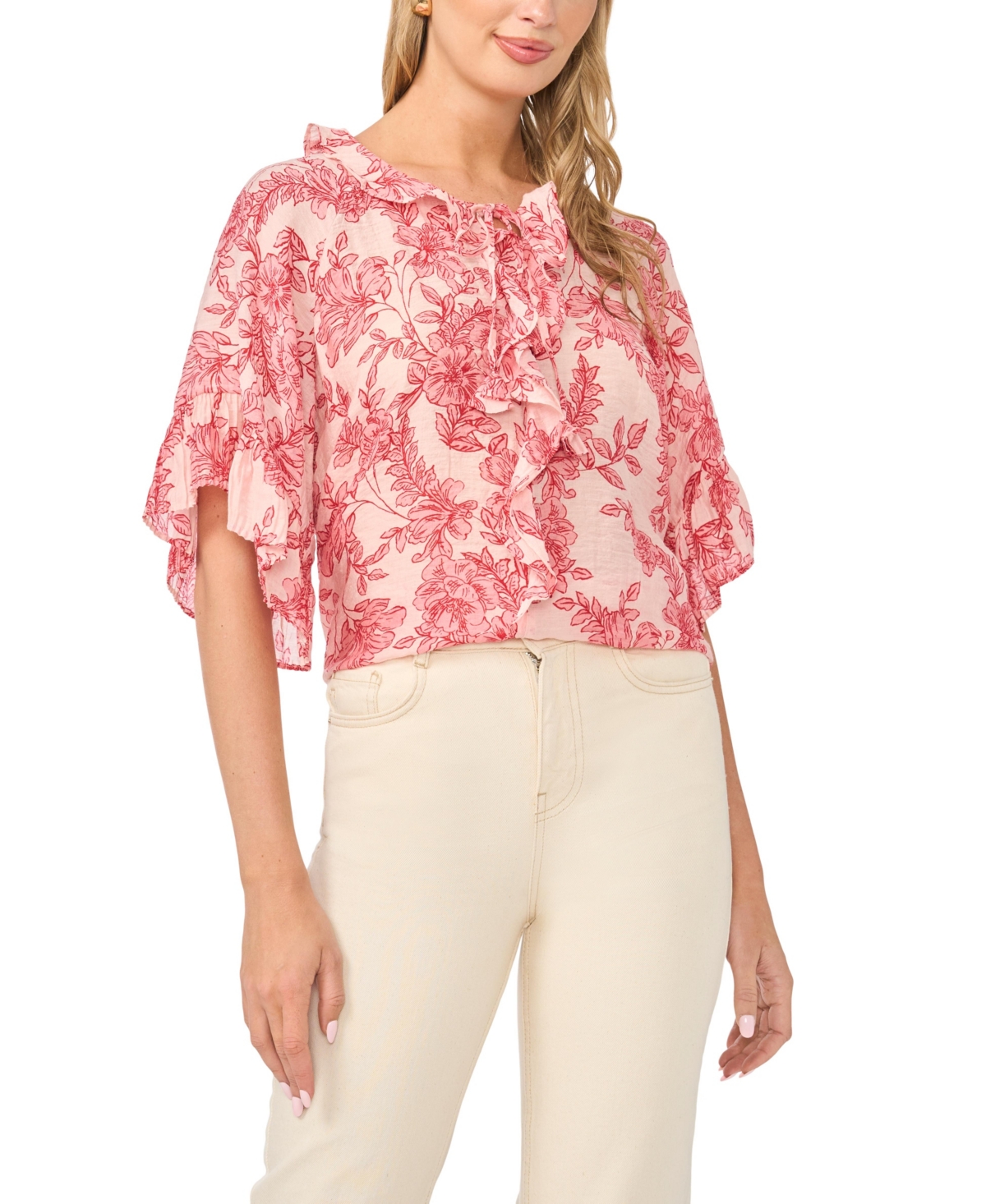 Click here for Vince Camuto Womens Printed Crewneck Ruffle Front... prices