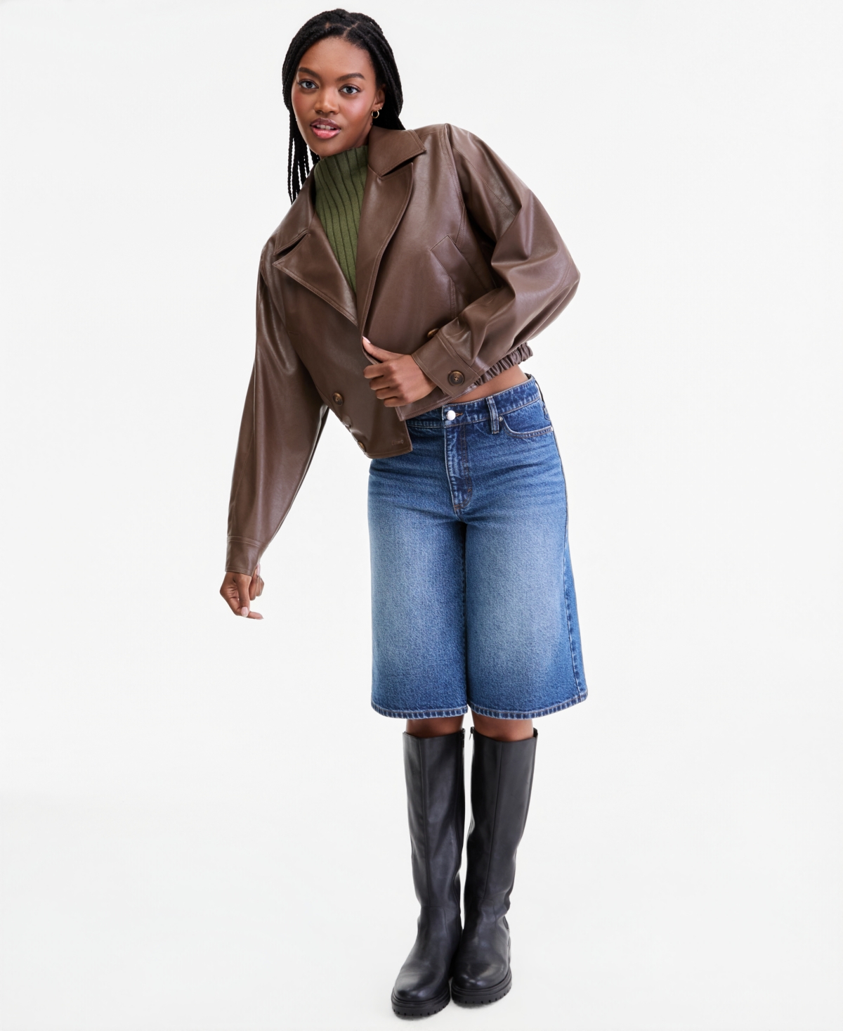 Click here for Jou Jou Womens Cropped Faux-Leather Jacket - Brown prices