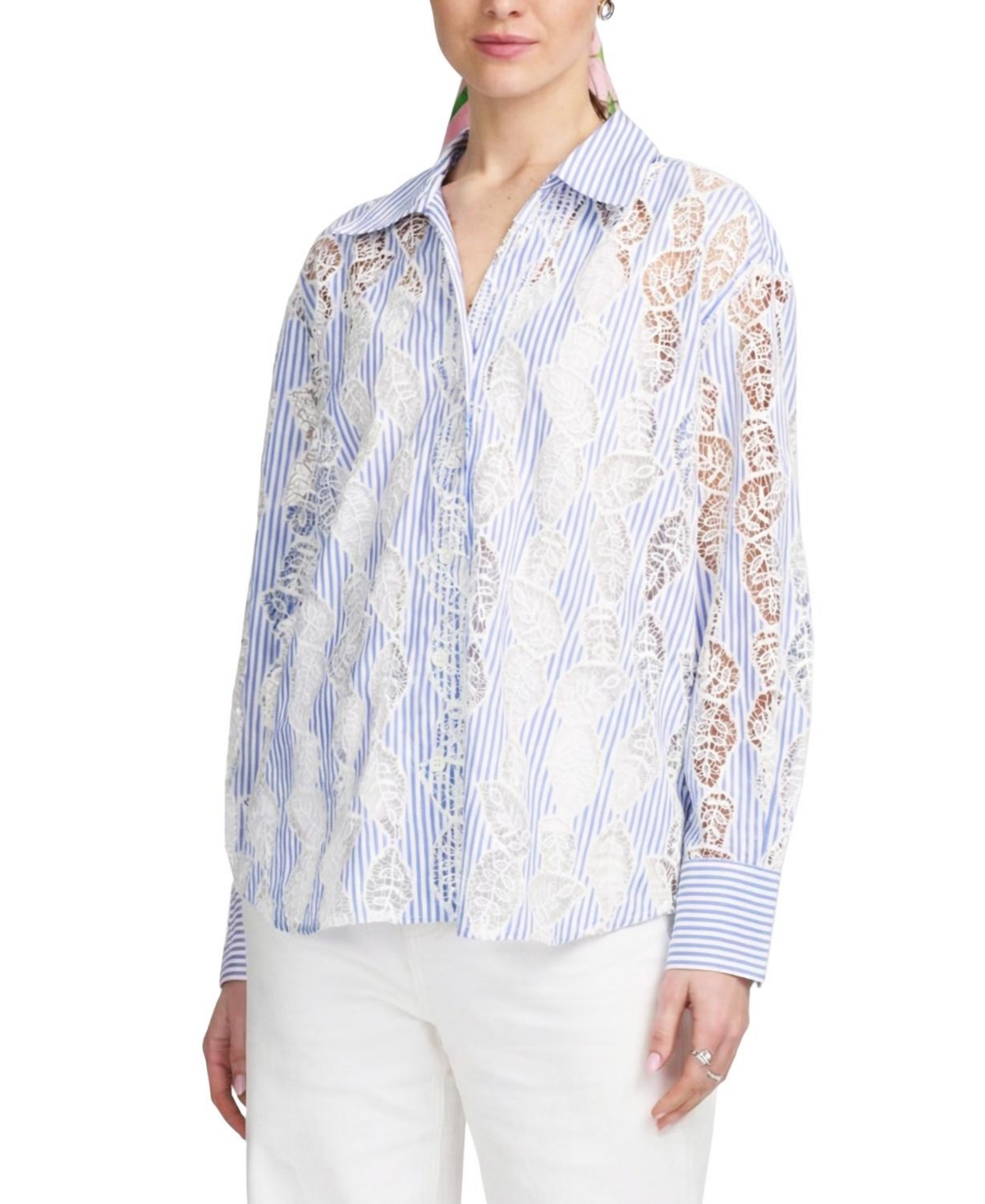 Click here for Elle Collection Womens Lace Striped Shirt - Blue W... prices