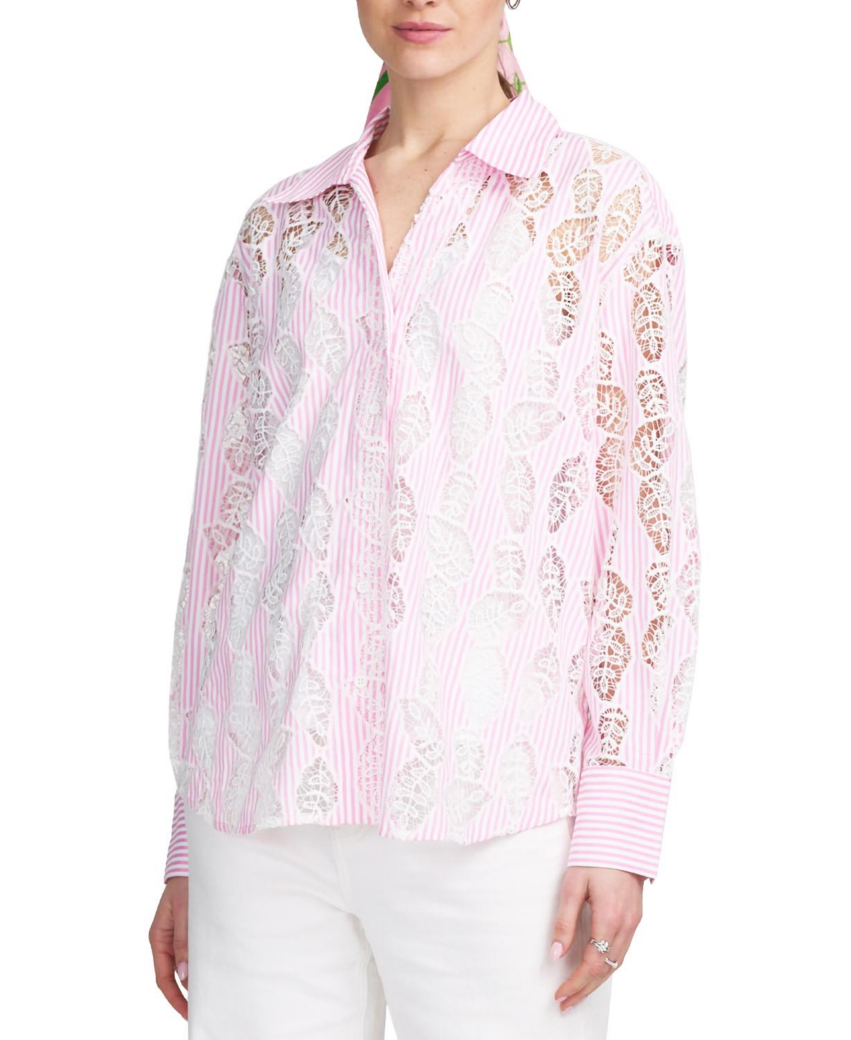 Click here for Elle Collection Womens Lace Striped Shirt - Pink M... prices