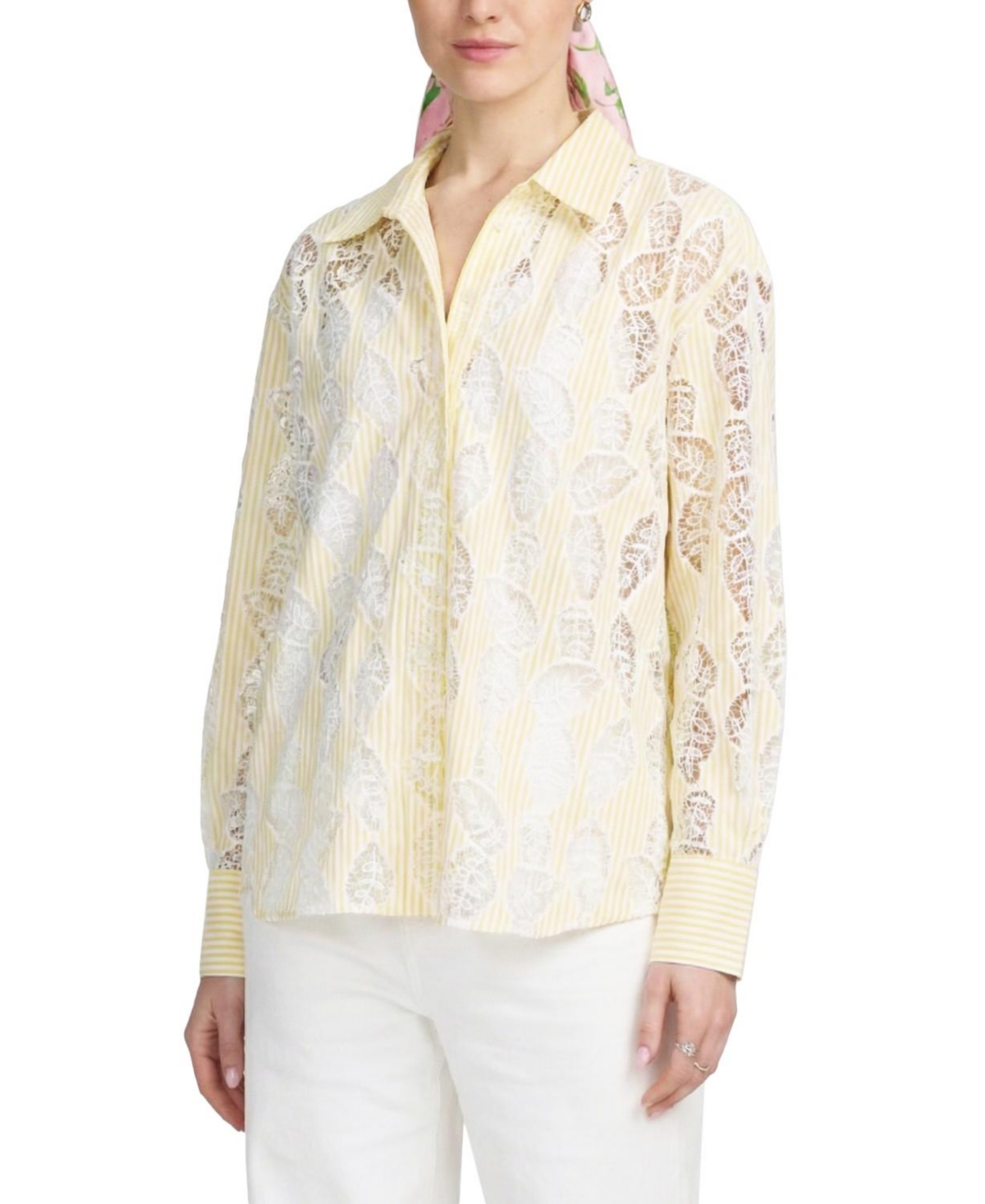 Click here for Elle Collection Womens Lace Striped Shirt - Yellow... prices