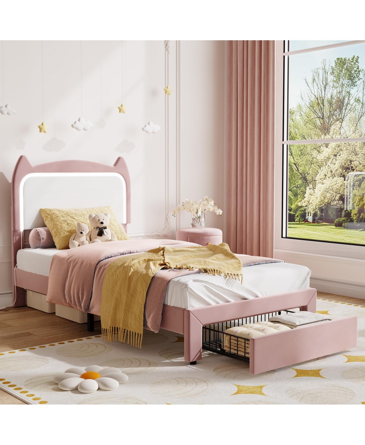 Click here for homfan Kids Bed Frame with Cat Headboard  Upholste... prices