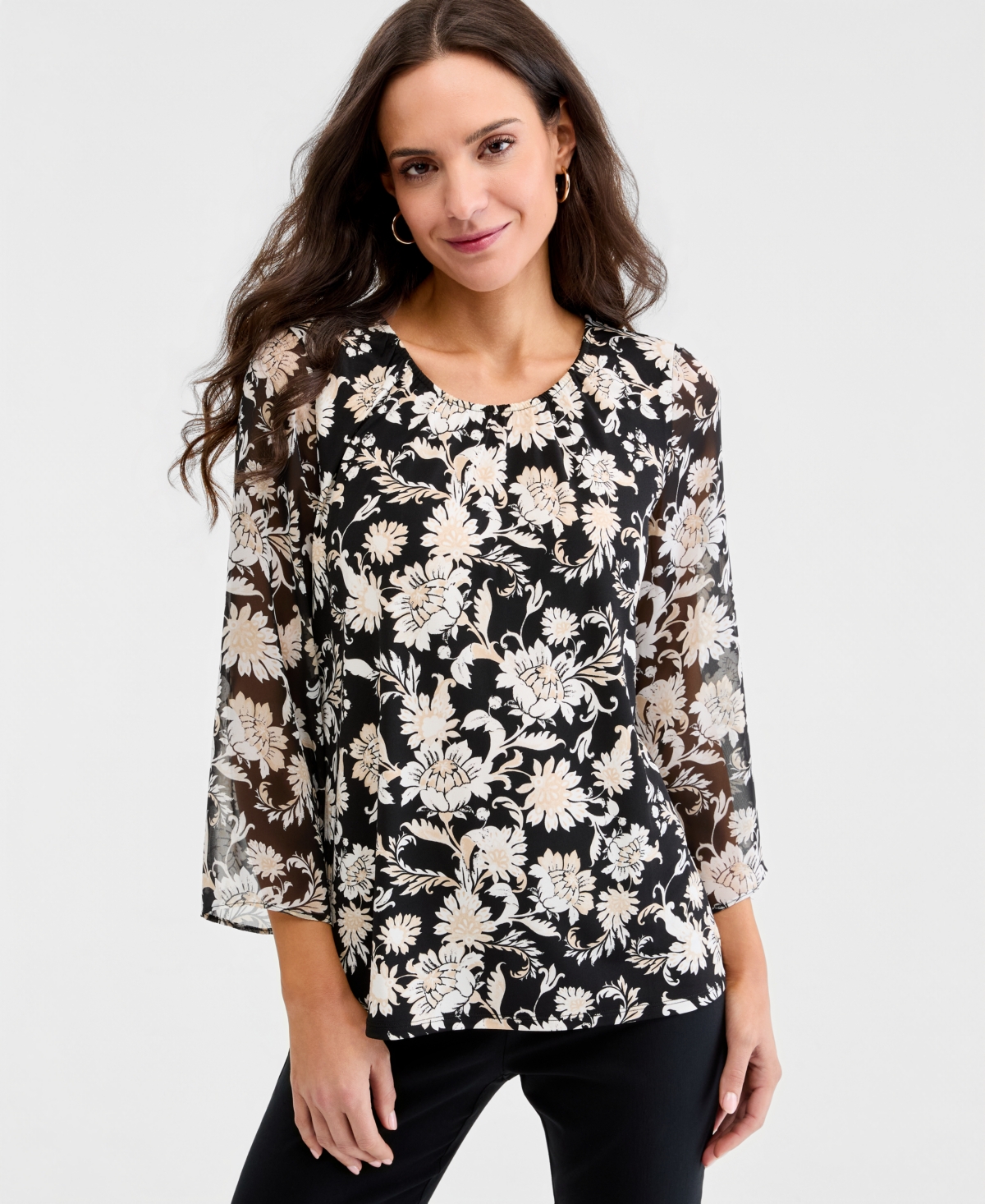 Click here for Jm Collection Womens Printed Chiffon-Sleeve Gather... prices