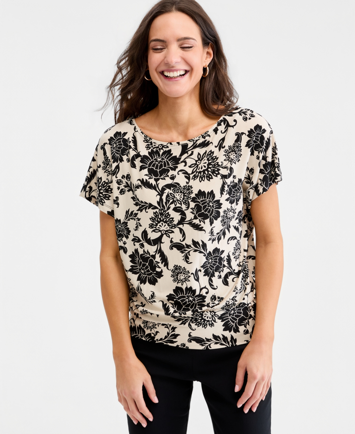 Click here for Jm Collection Womens Printed Boatneck Banded-Botto... prices
