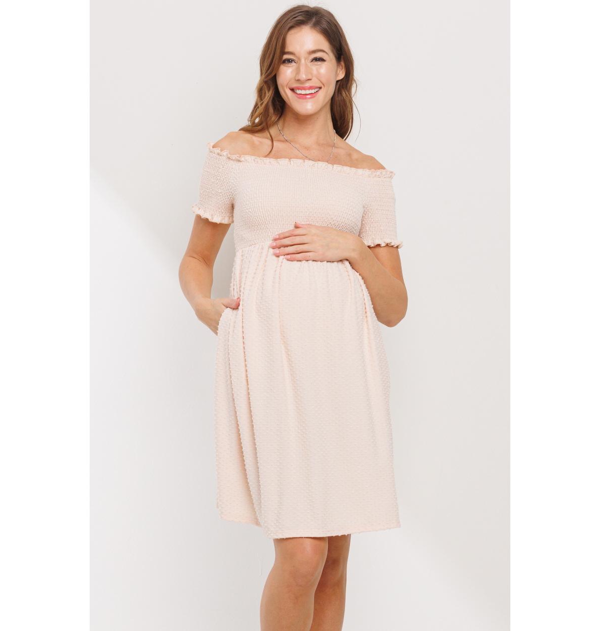 Click here for Hello Miz Maternity Off-the-Shoulder Smocked Swiss... prices