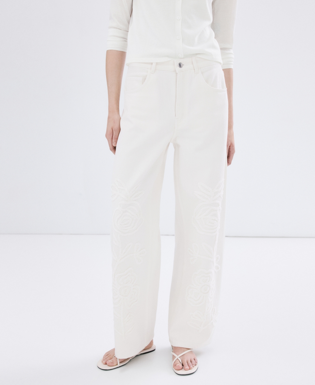 Click here for Mango Womens Floral Embroidery Wide Leg Jeans - Of... prices