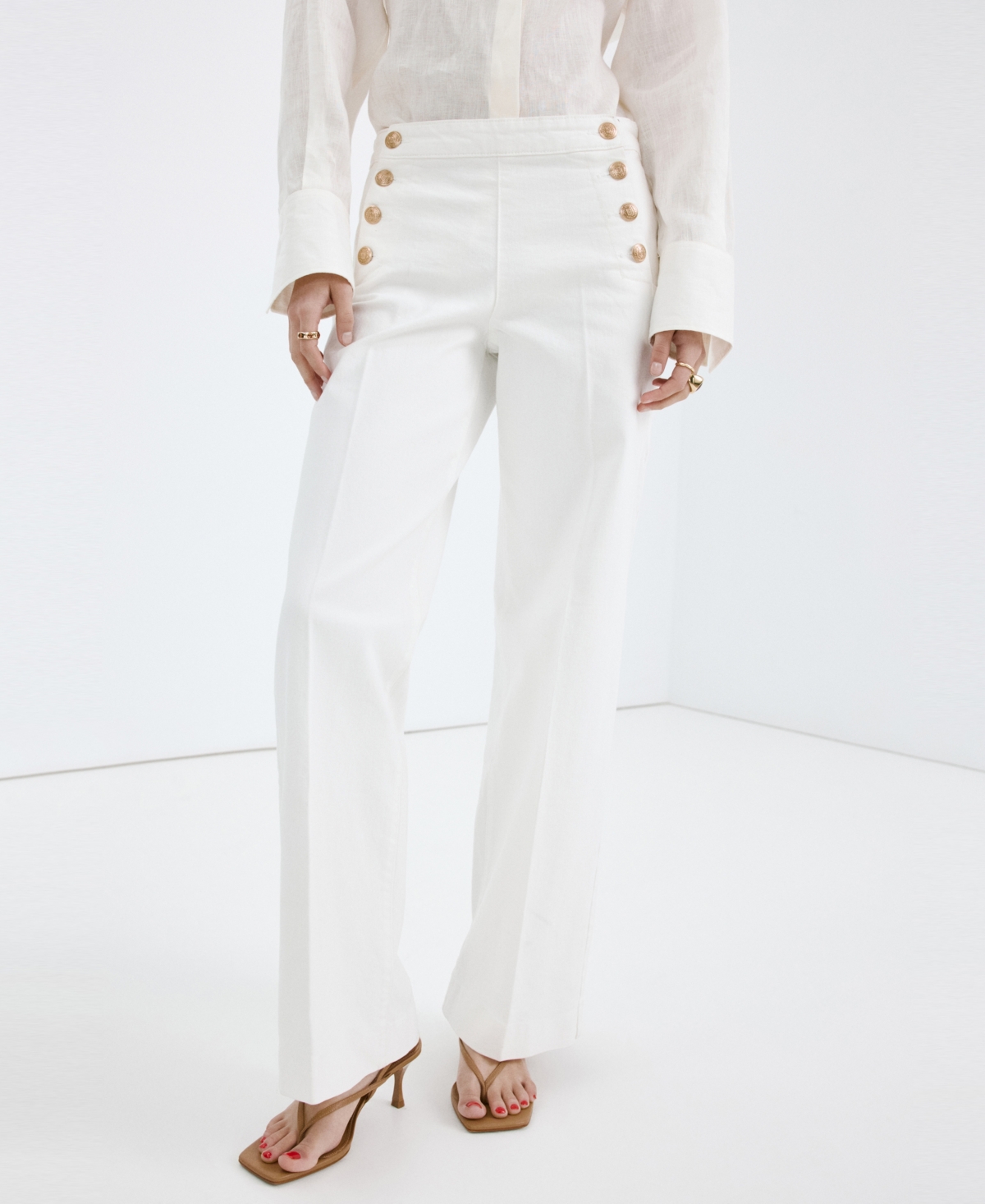 Click here for Mango Womens Side Buttons Wide-Leg Jeans - White prices
