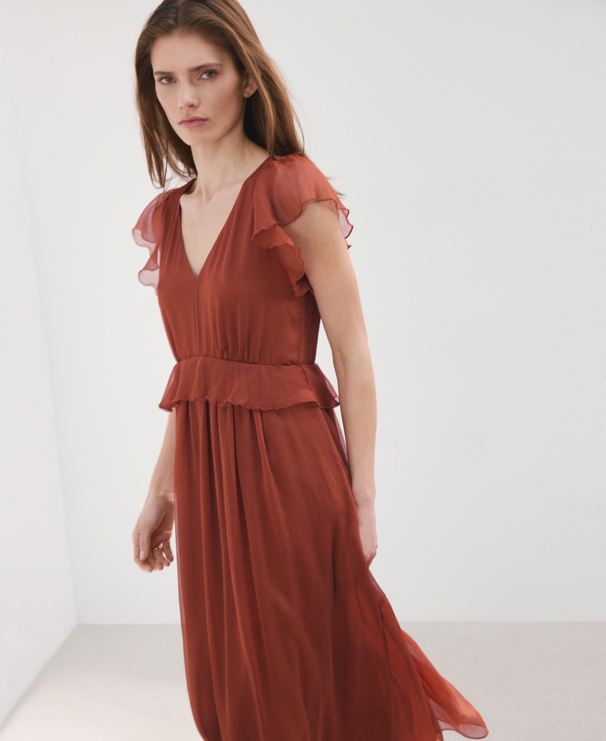 Click here for Mango Womens Long Ruffled Dress - Burnt Orange prices