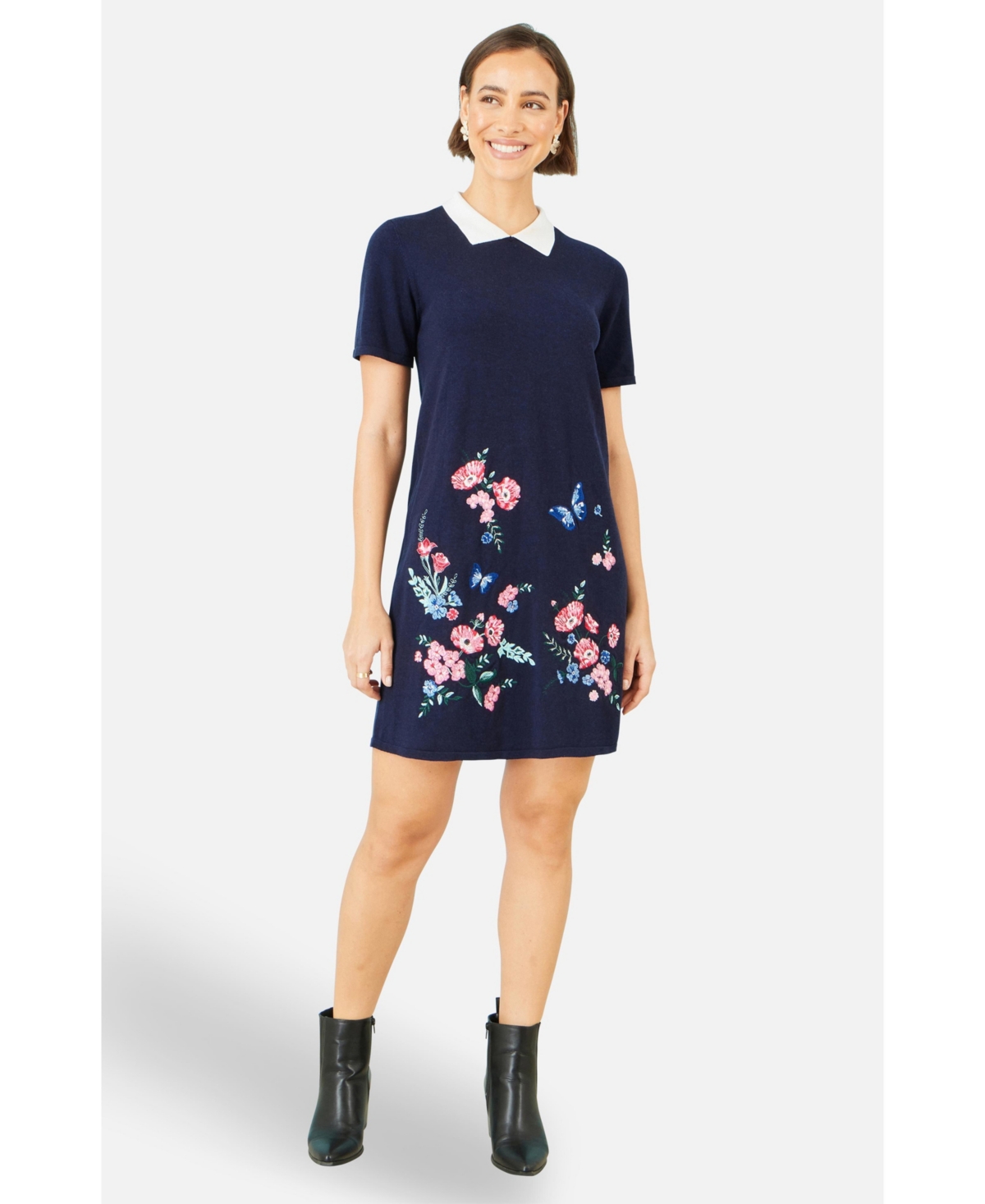 Click here for Yumi Womens Embroidered Knitted Floral Tunic - Nav... prices