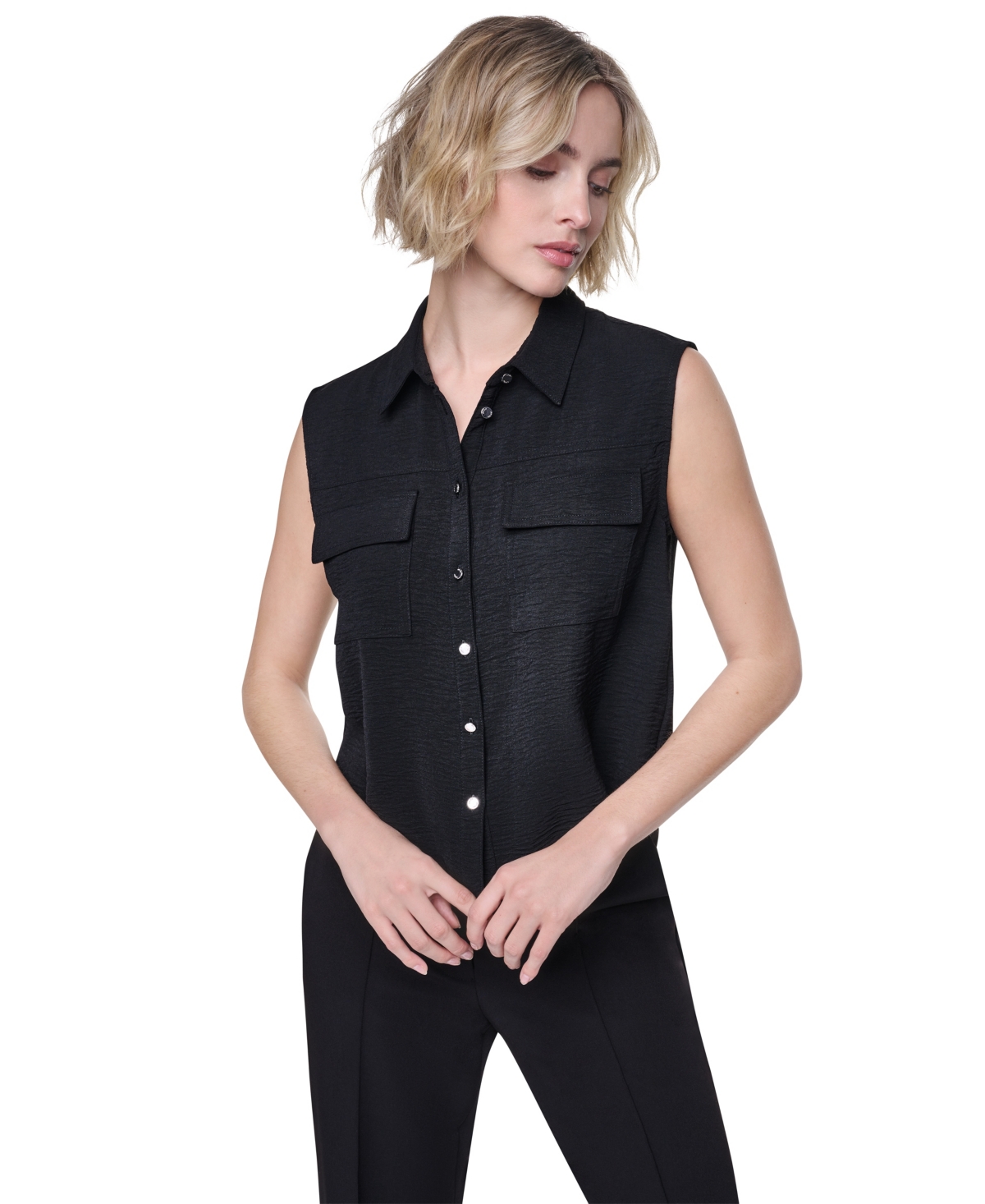 Click here for Dkny Womens Washer Collared Top - Black prices