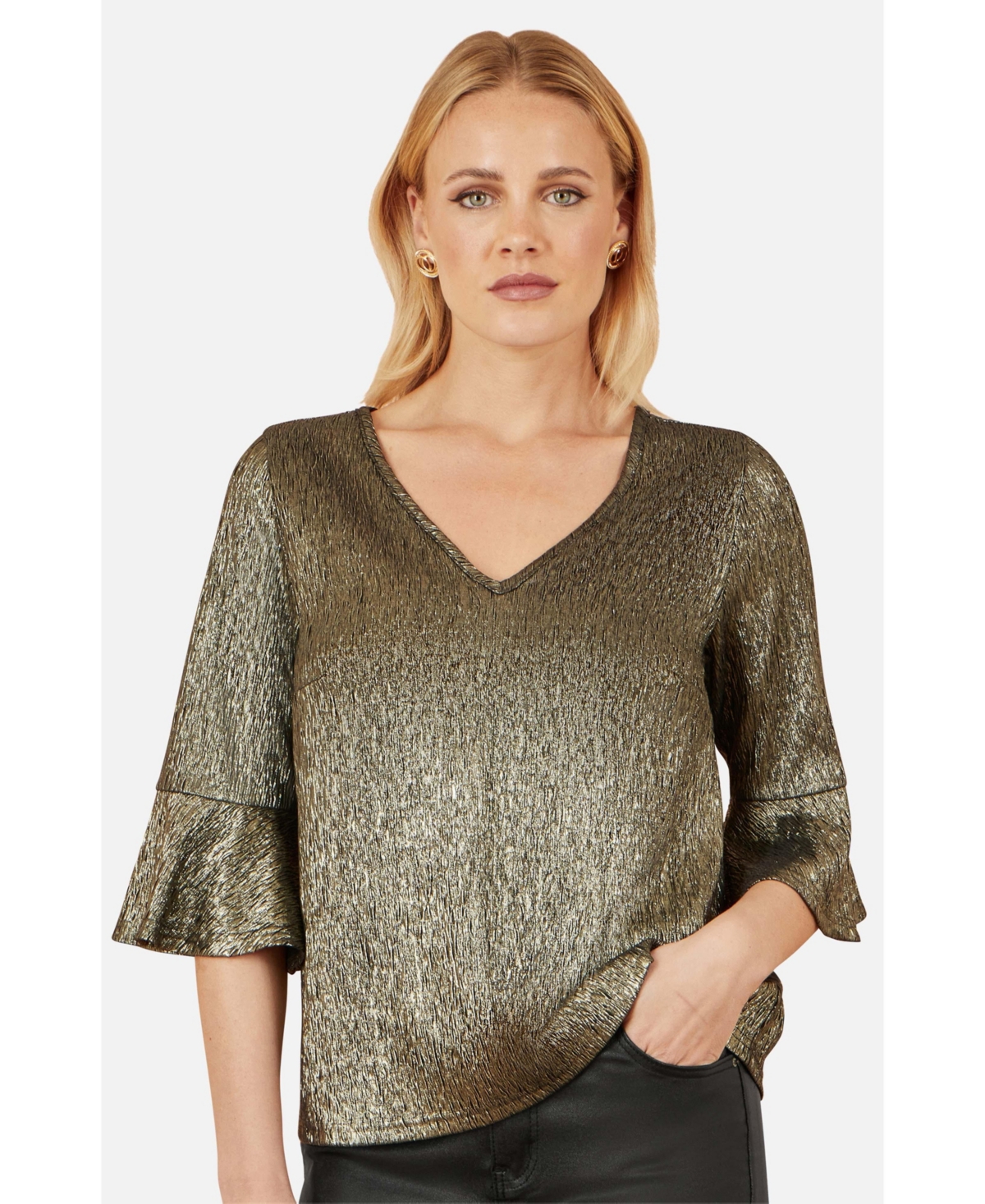 Click here for Yumi Womens Fluted Sleeve Metallic Stretch Top - G... prices