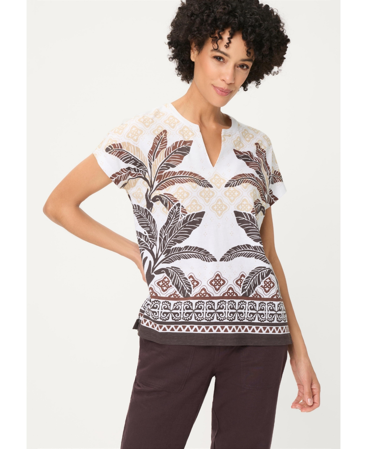 Click here for Olsen Womens Panneaux Print T-Shirt - Dark brown prices