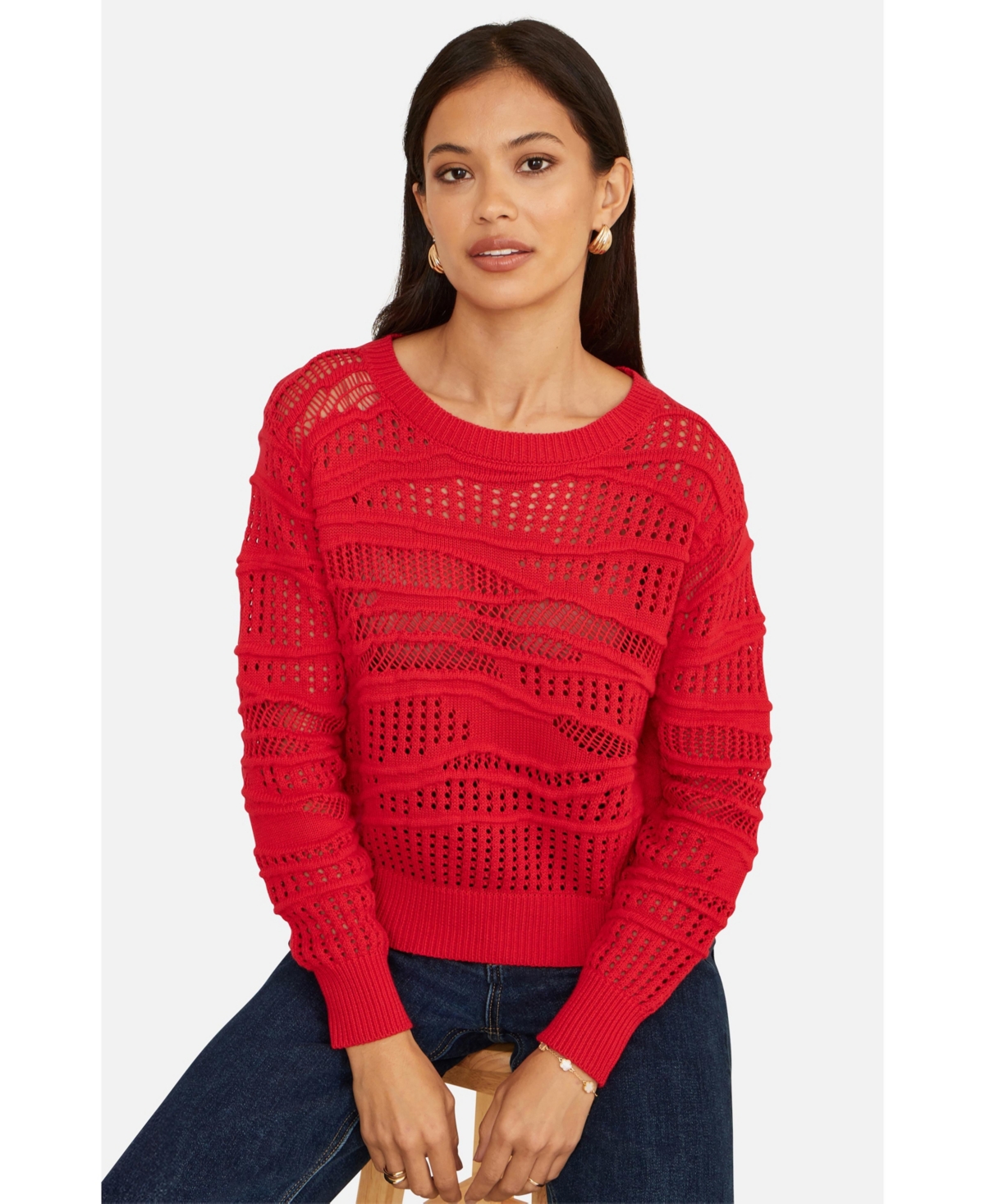Click here for Yumi Womens Wave Pointelle Knitted Jumper - Red prices