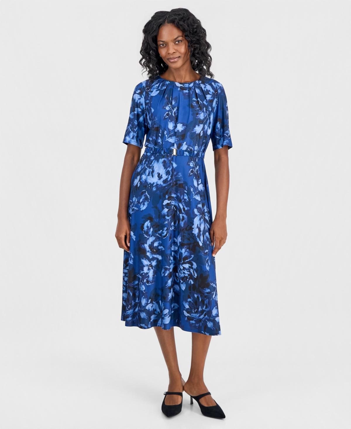 Click here for Kasper Womens Pleat-Neck Belted Short-Sleeve Dress... prices