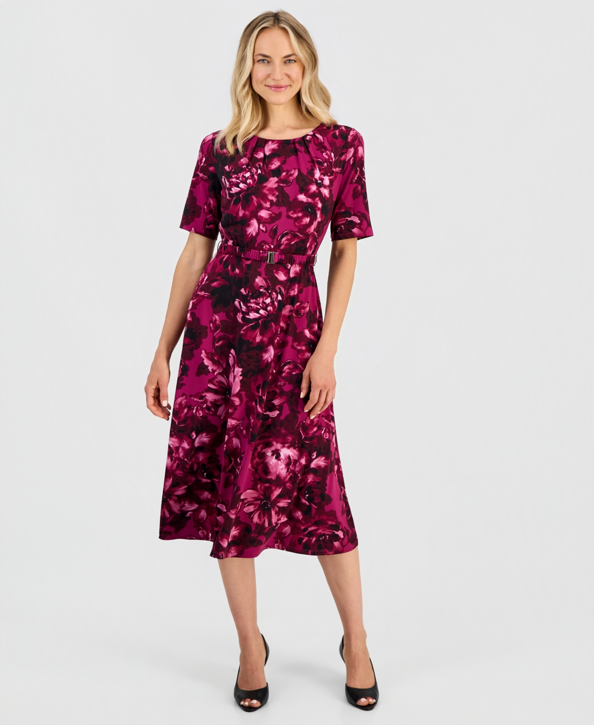 Click here for Kasper Womens Pleat-Neck Belted Short-Sleeve Dress... prices
