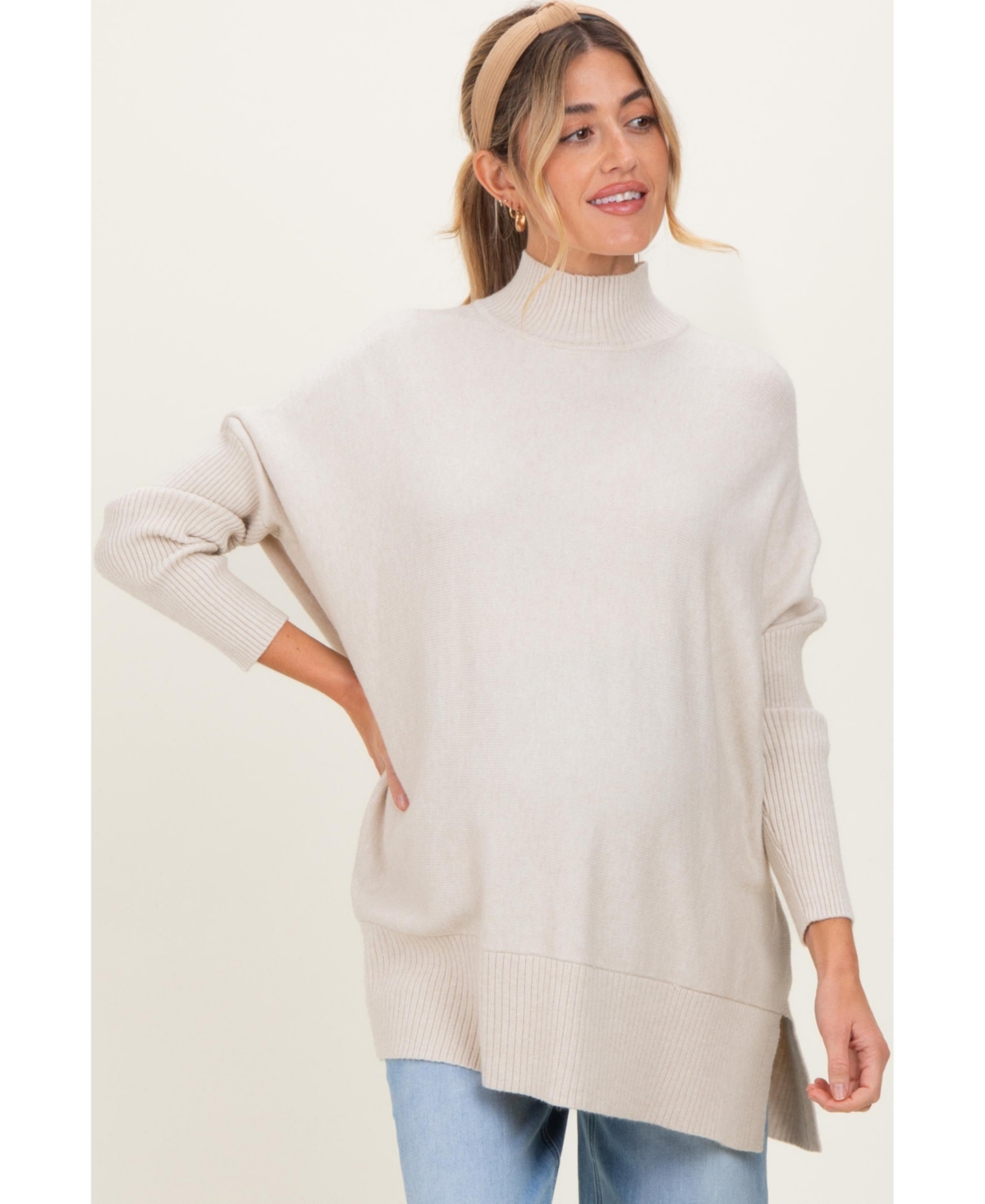 Click here for Pinkblush Maternity Cream Mock Neck Oversized Sir... prices