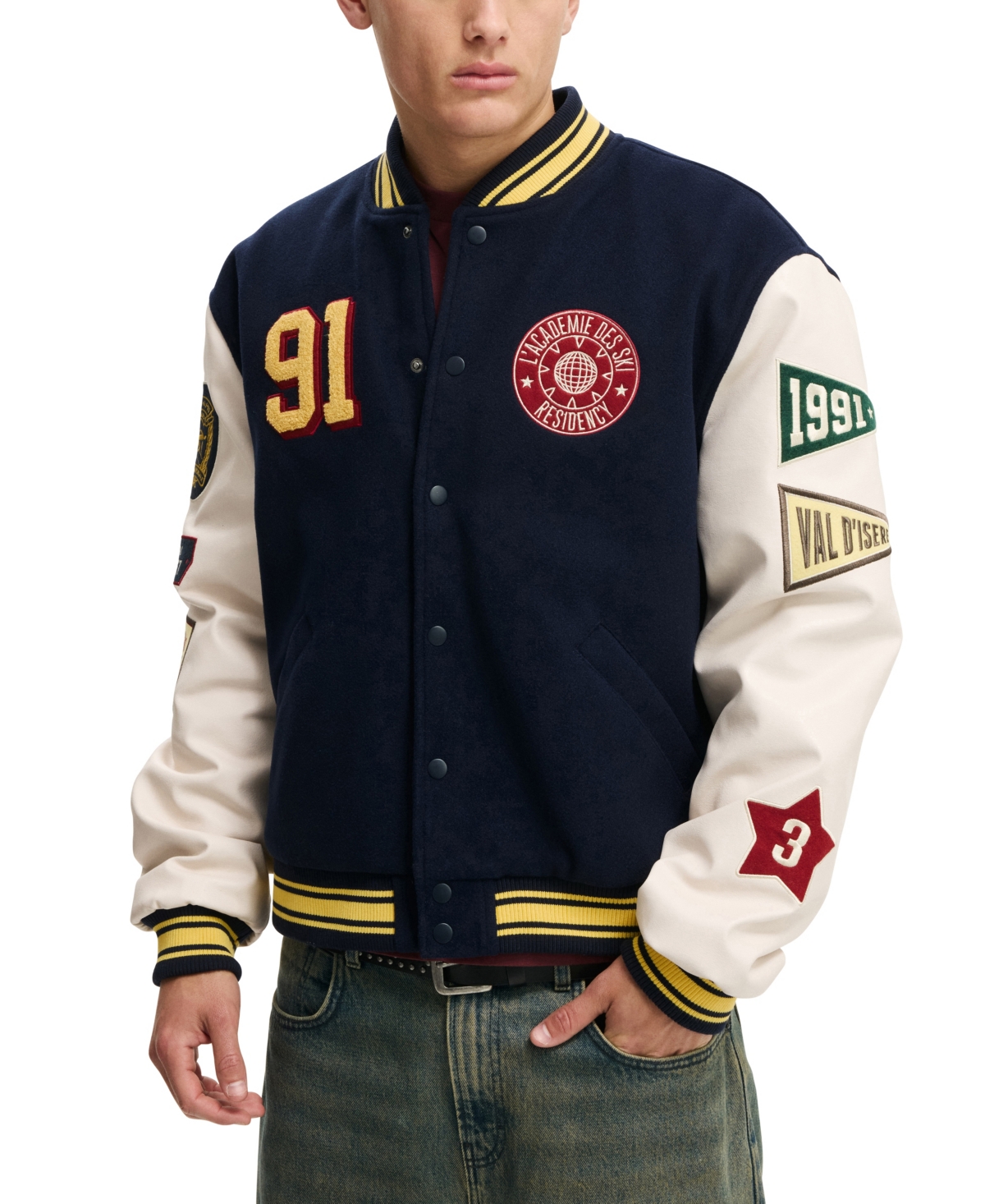 Click here for Cotton On Mens Varsity Bomber Jacket - Blue prices