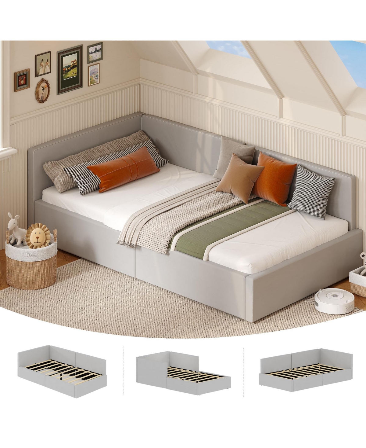 Click here for homfan Upholstered Corner Bed Frame with Headboard... prices