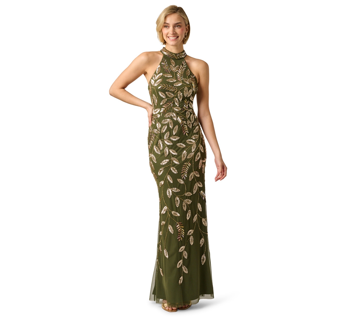 Click here for Adrianna Papell Womens Beaded Mesh Halter Neck Gow... prices
