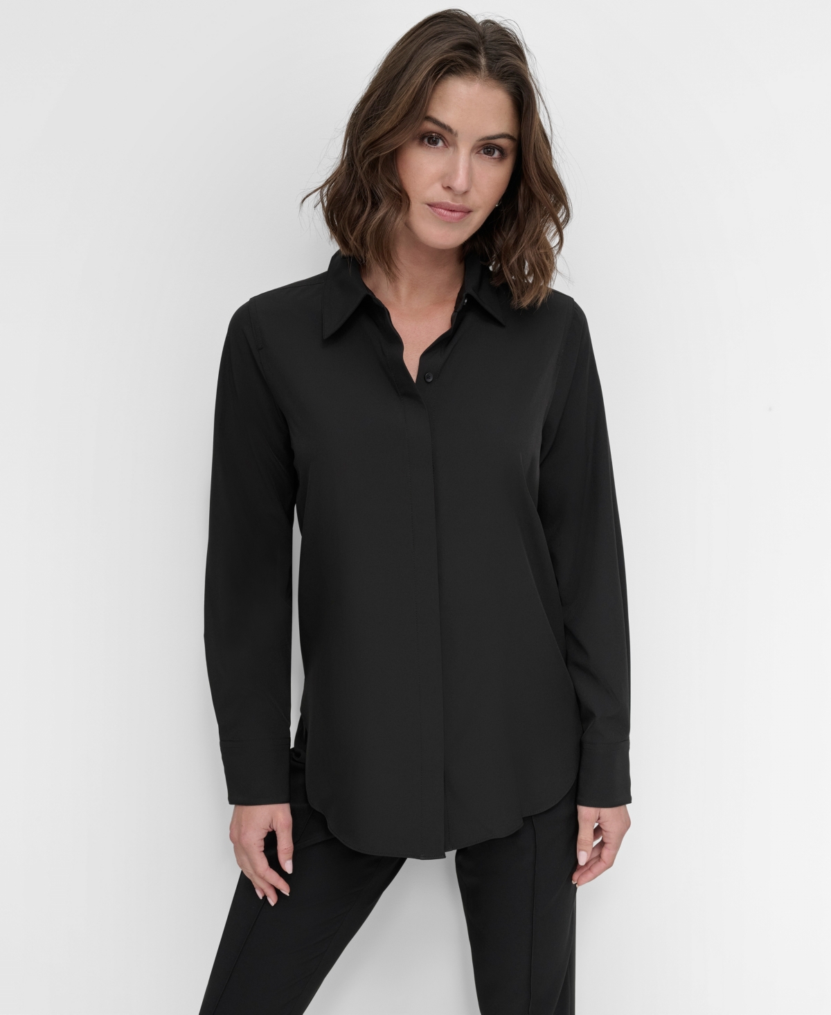 Click here for Dkny Petite Long-Sleeve Button-Front Shirt - Black prices
