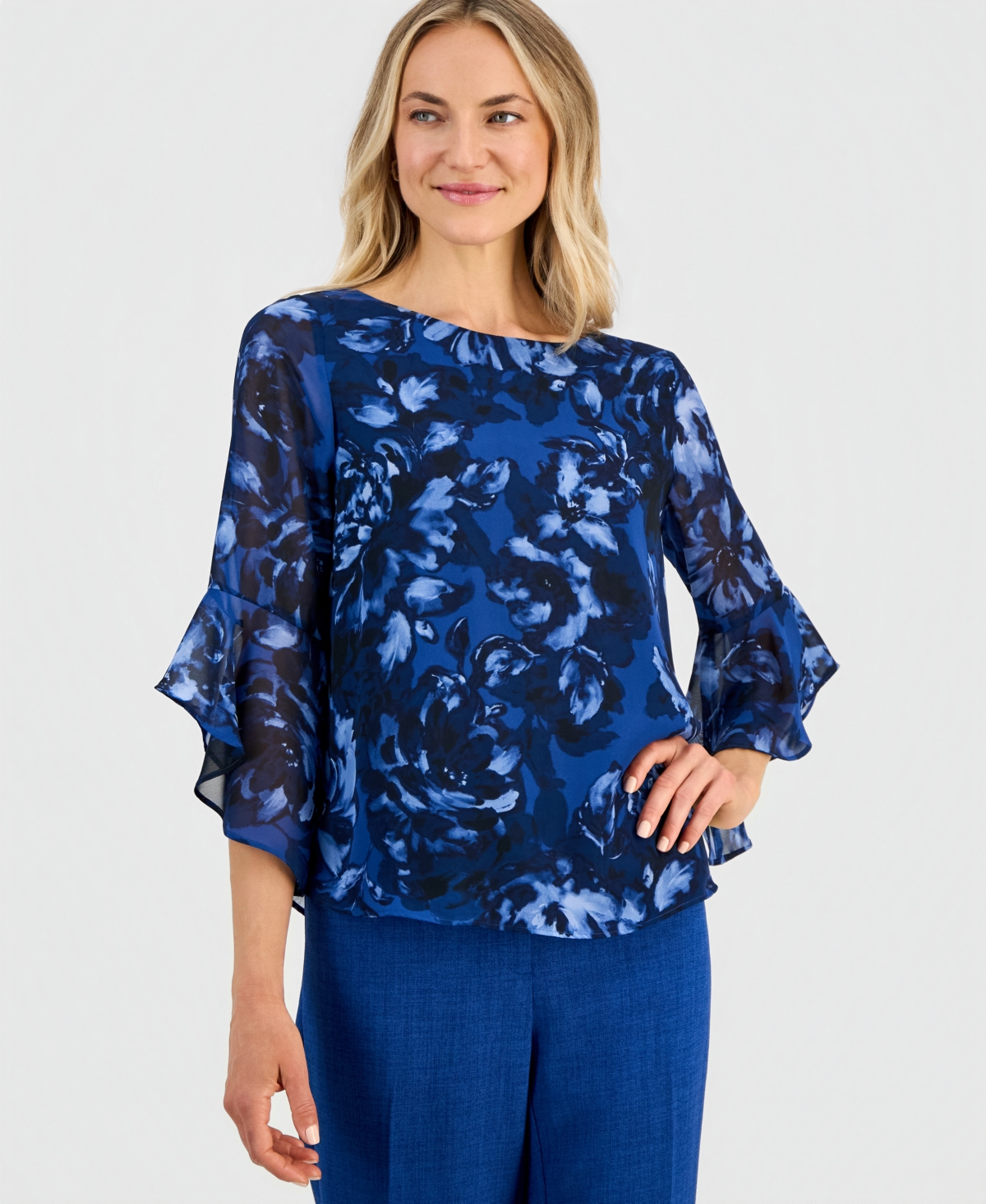 Click here for Kasper Womens Boat-Neck Ruffle-Sleeve Blouse - Blu... prices