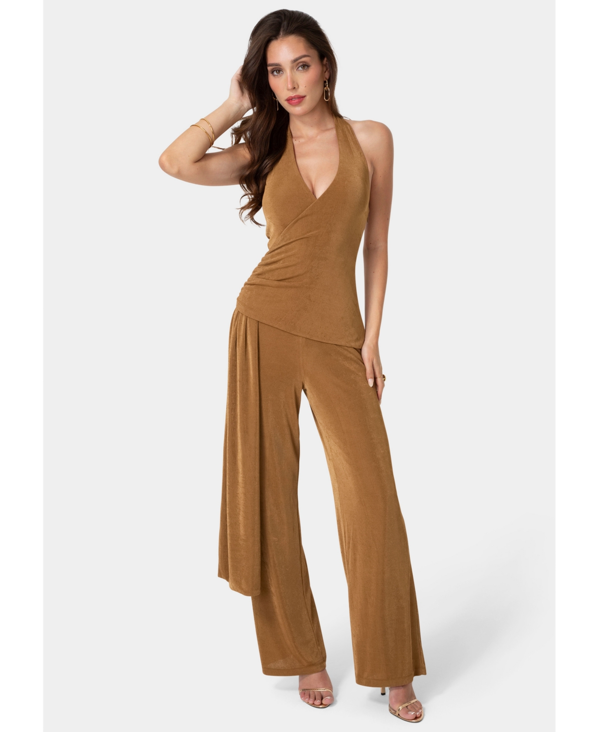 Click here for Bebe Womens Slinky Drop Waist Halter Jumpsuit - Br... prices