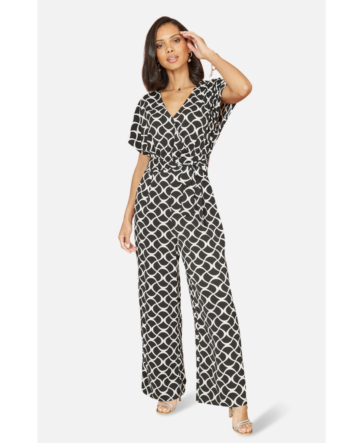 Click here for Yumi Womens Geometric Print Wrap Jumpsuit - Black prices