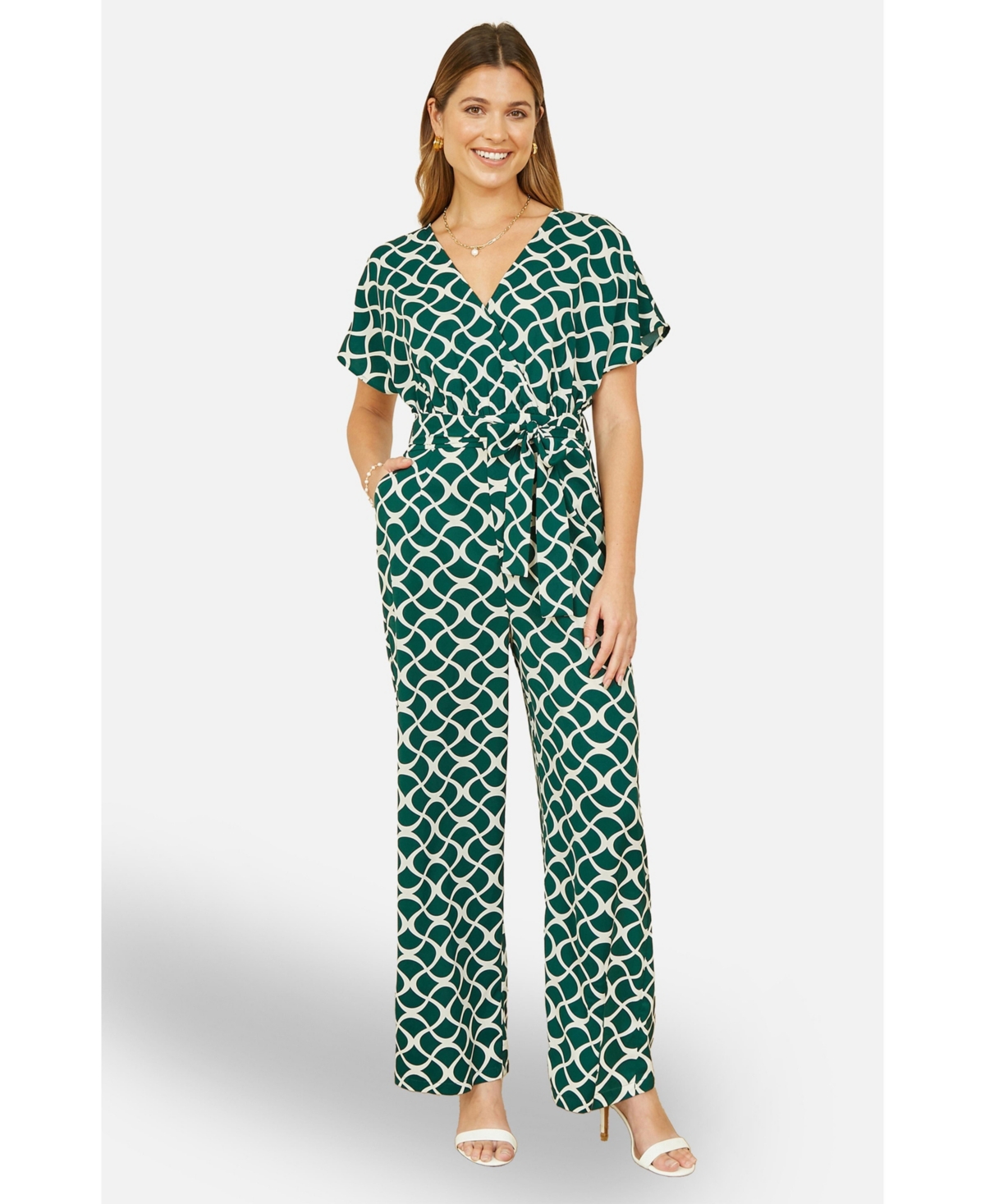 Click here for Yumi Womens Geometric Print Wrap Jumpsuit - Green prices