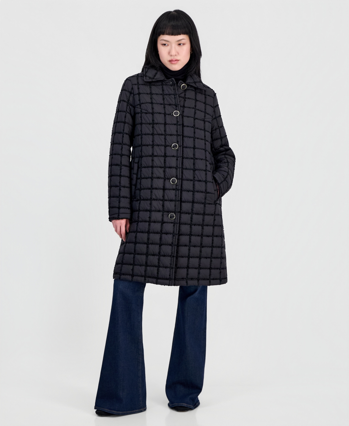 Click here for CeCe Womens Long Windowpane Quilted Coat - Black prices