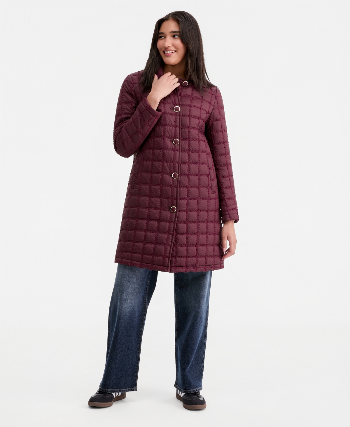Click here for CeCe Womens Long Windowpane Quilted Coat - Burgund... prices